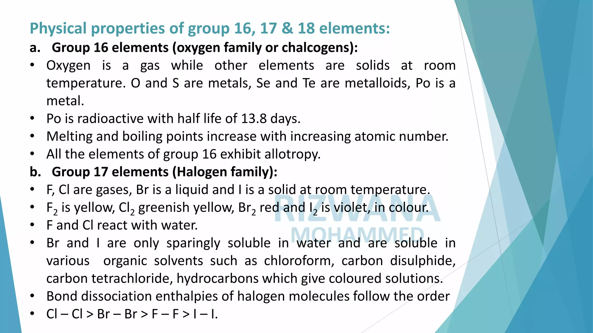 1st Lecture on Elements of groups 16, 17 & 18 | Chemistry Part I | 12th ...