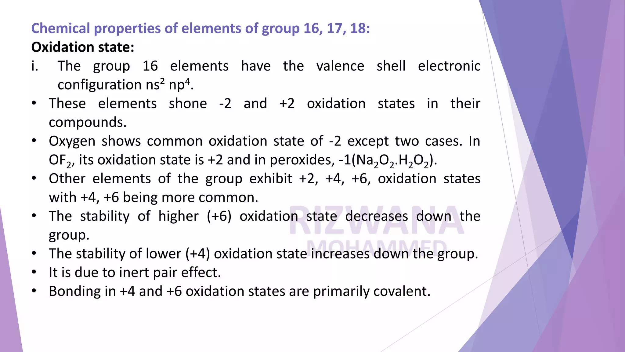 2nd Lecture on Elements of groups 16, 17 & 18 | Chemistry Part I | 12th Std | PDF