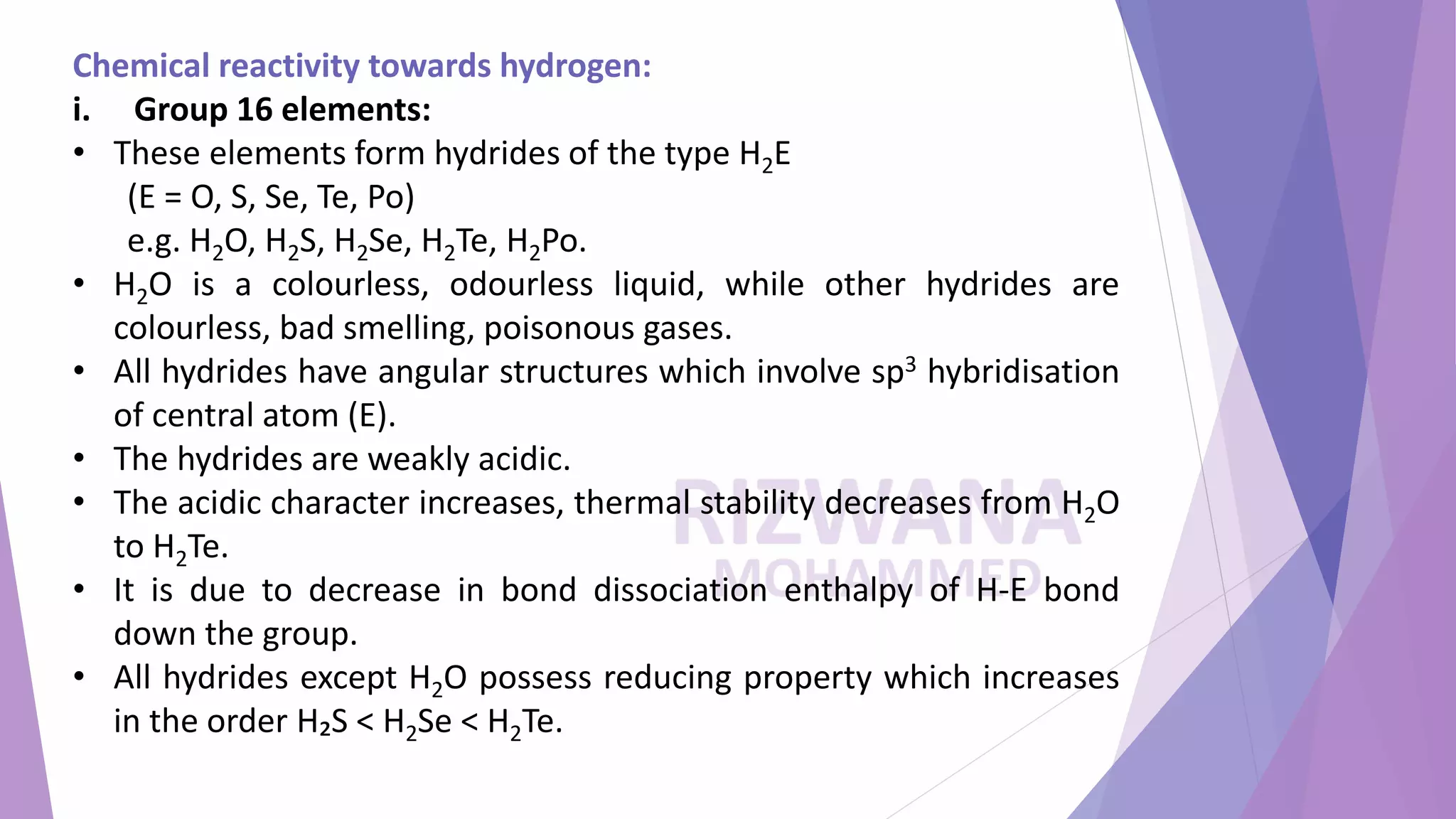 2nd Lecture on Elements of groups 16, 17 & 18 | Chemistry Part I | 12th Std | PDF