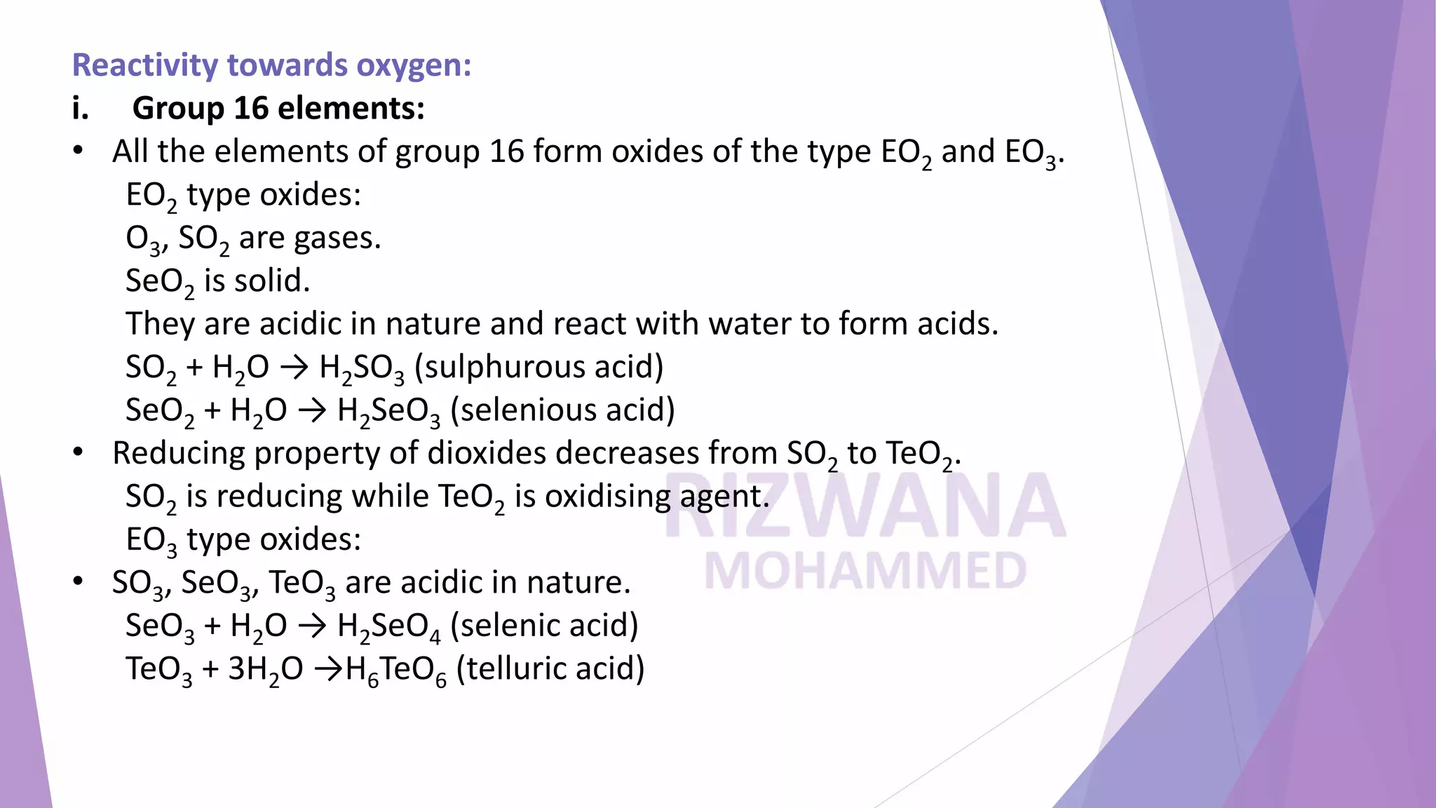 2nd Lecture on Elements of groups 16, 17 & 18 | Chemistry Part I | 12th Std | PDF
