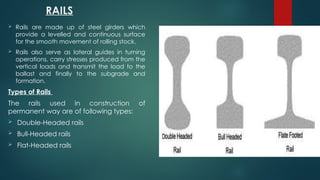 ELEMENTS OF PERMANENT WAY , rails, their use, types, significance etc | PPT