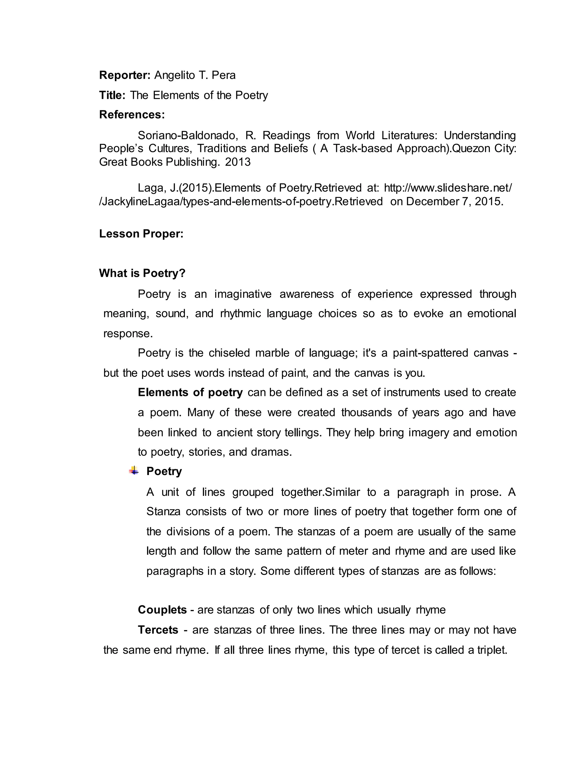 Elements of poetry written report | DOCX
