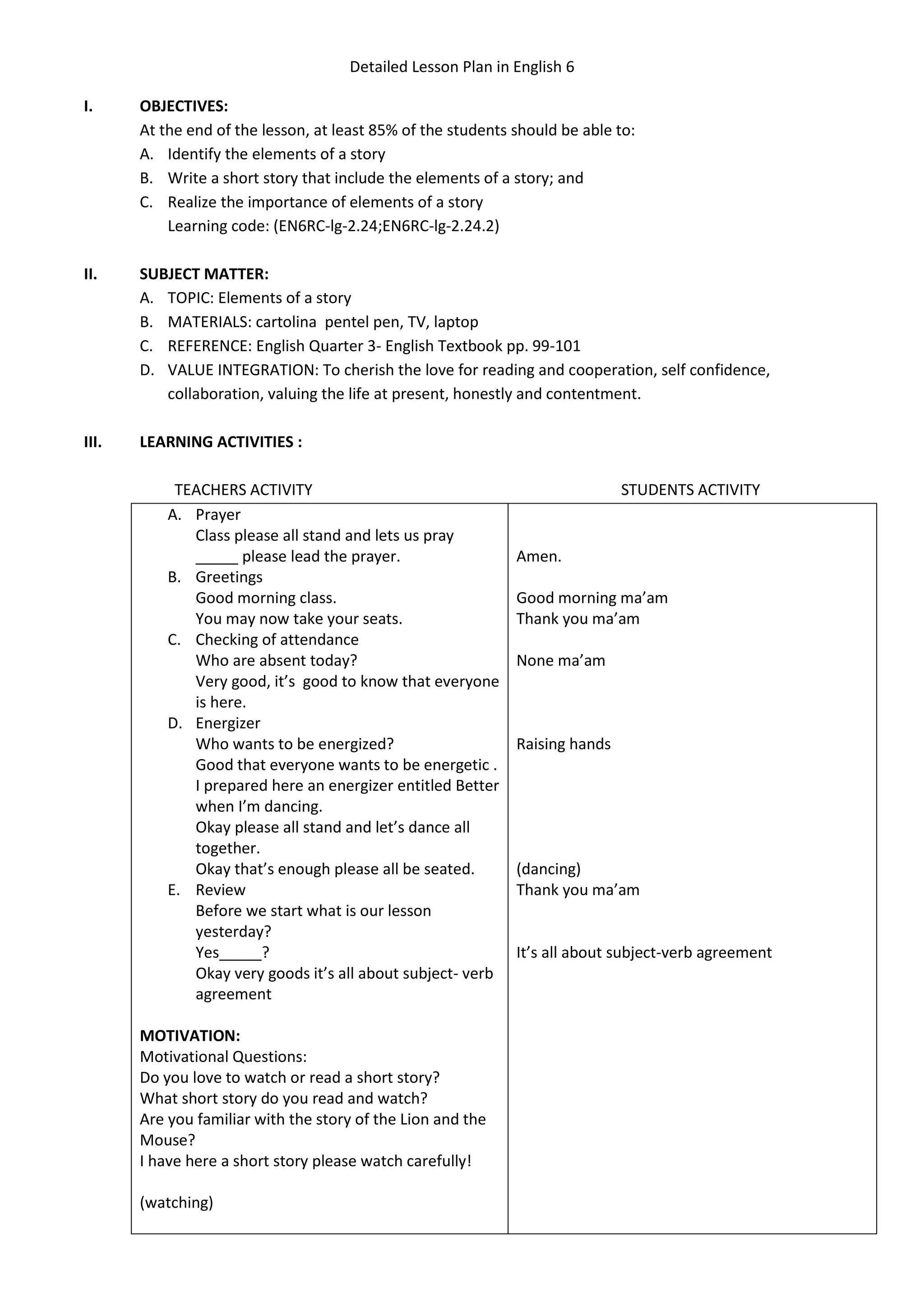 English Lesson Plan Elements Story | PDF