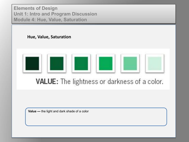 Elem of design unit 1 module 4 hue, value, saturation | PPTX