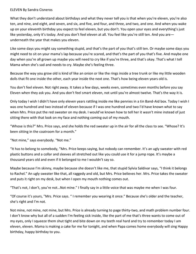 Eleven by sandra cisneros | PDF