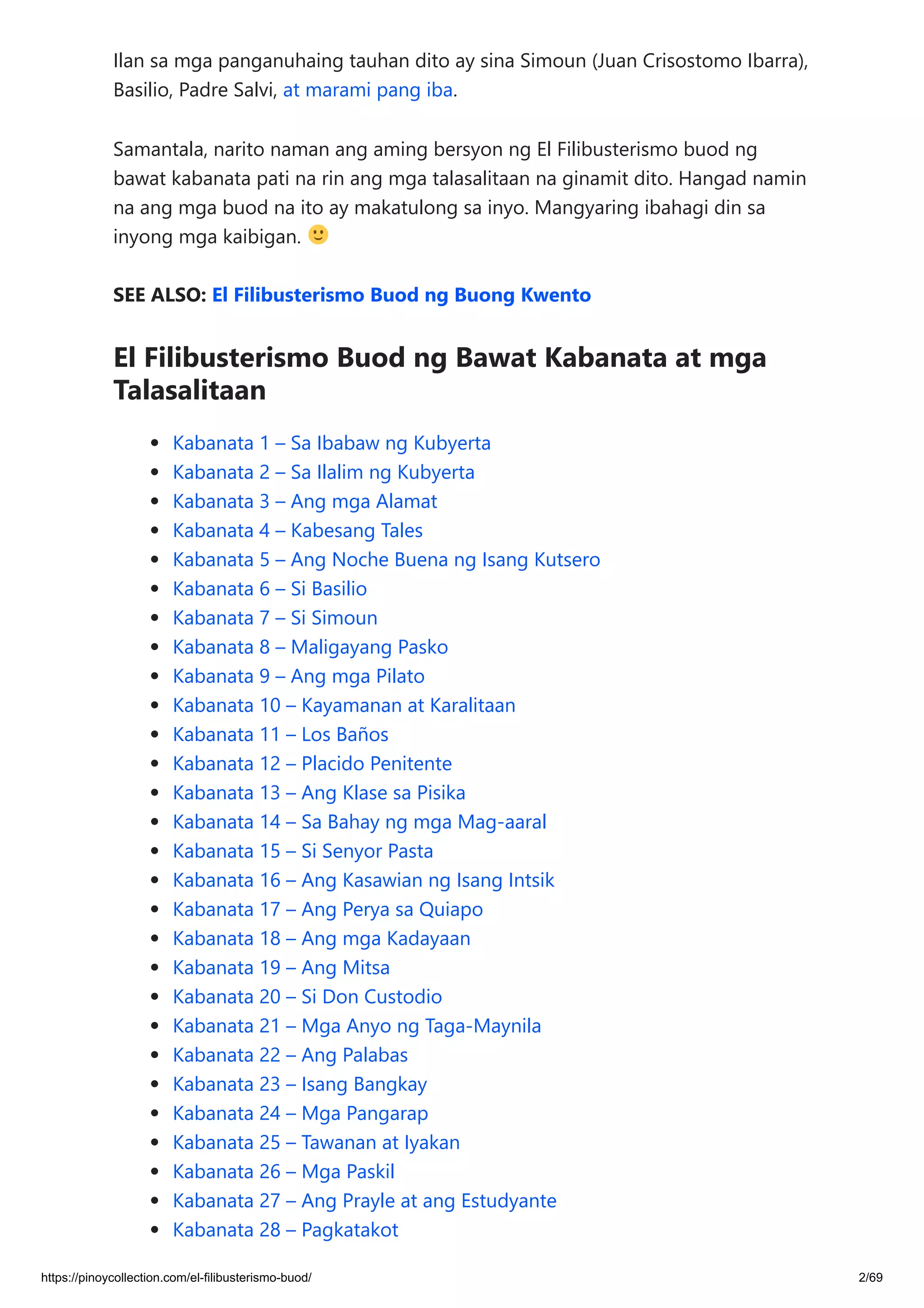 El Filibusterismo Buod Ng Bawat Kabanata 1-39 With Talasalitaan | PDF