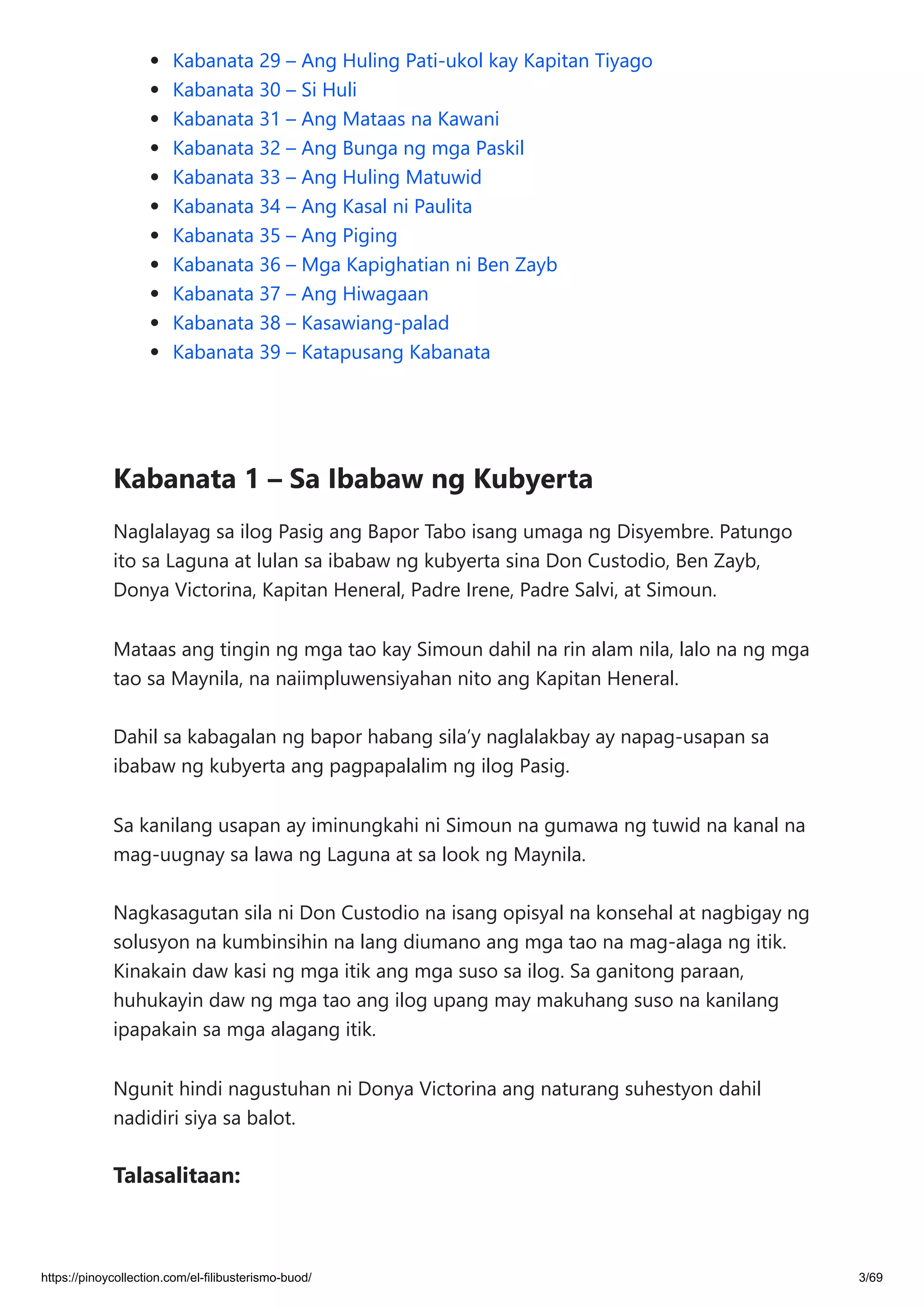 El Filibusterismo Buod Ng Bawat Kabanata 1-39 With Talasalitaan | PDF