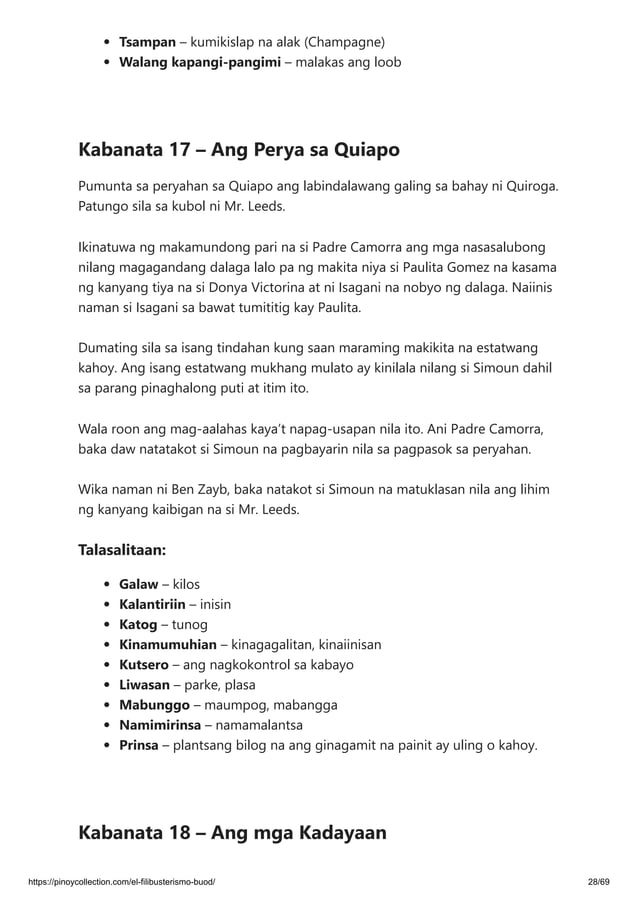 El Filibusterismo Buod Ng Bawat Kabanata 1-39 With Talasalitaan | PDF