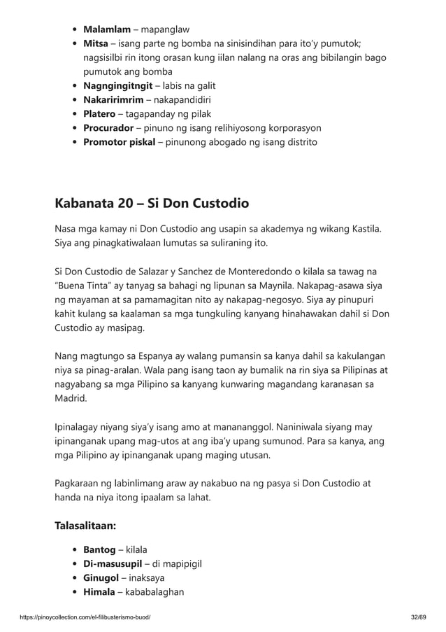 El Filibusterismo Buod Ng Bawat Kabanata 1-39 With Talasalitaan | PDF