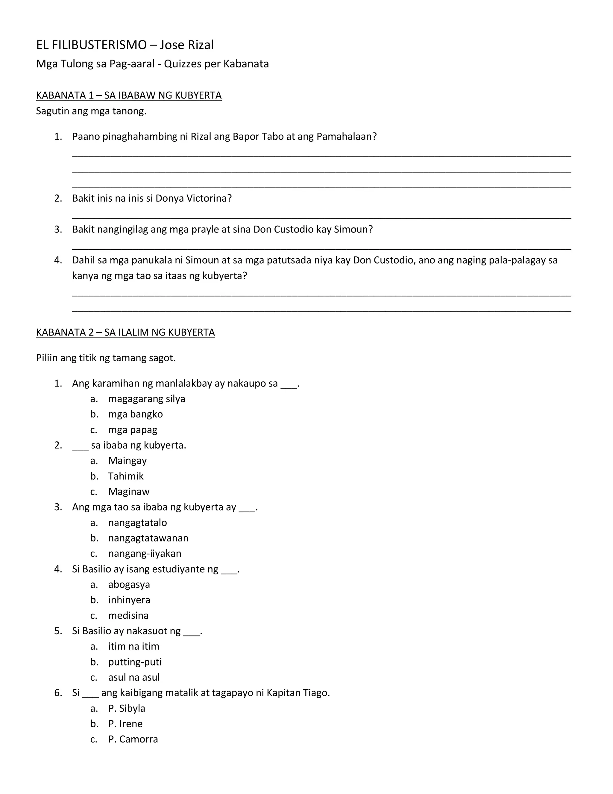 El filibusterismo quizzes | PDF