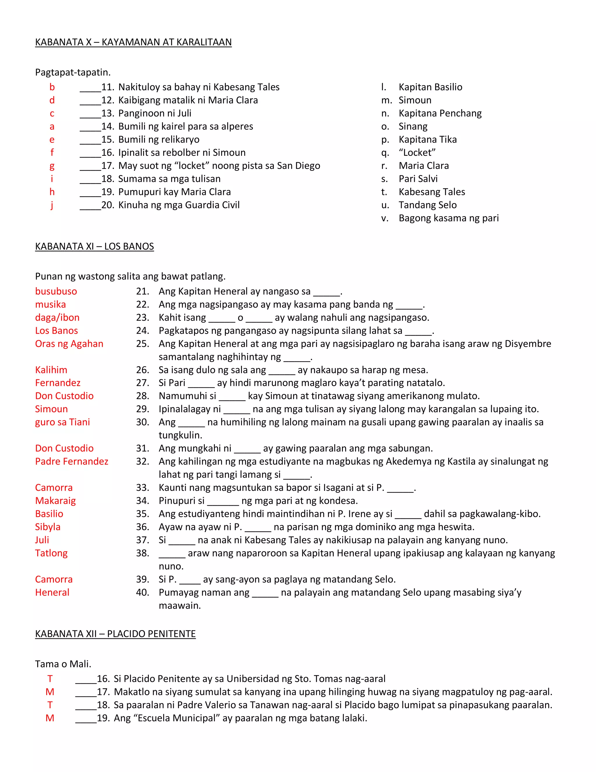 El filibusterismo quizzes | PDF