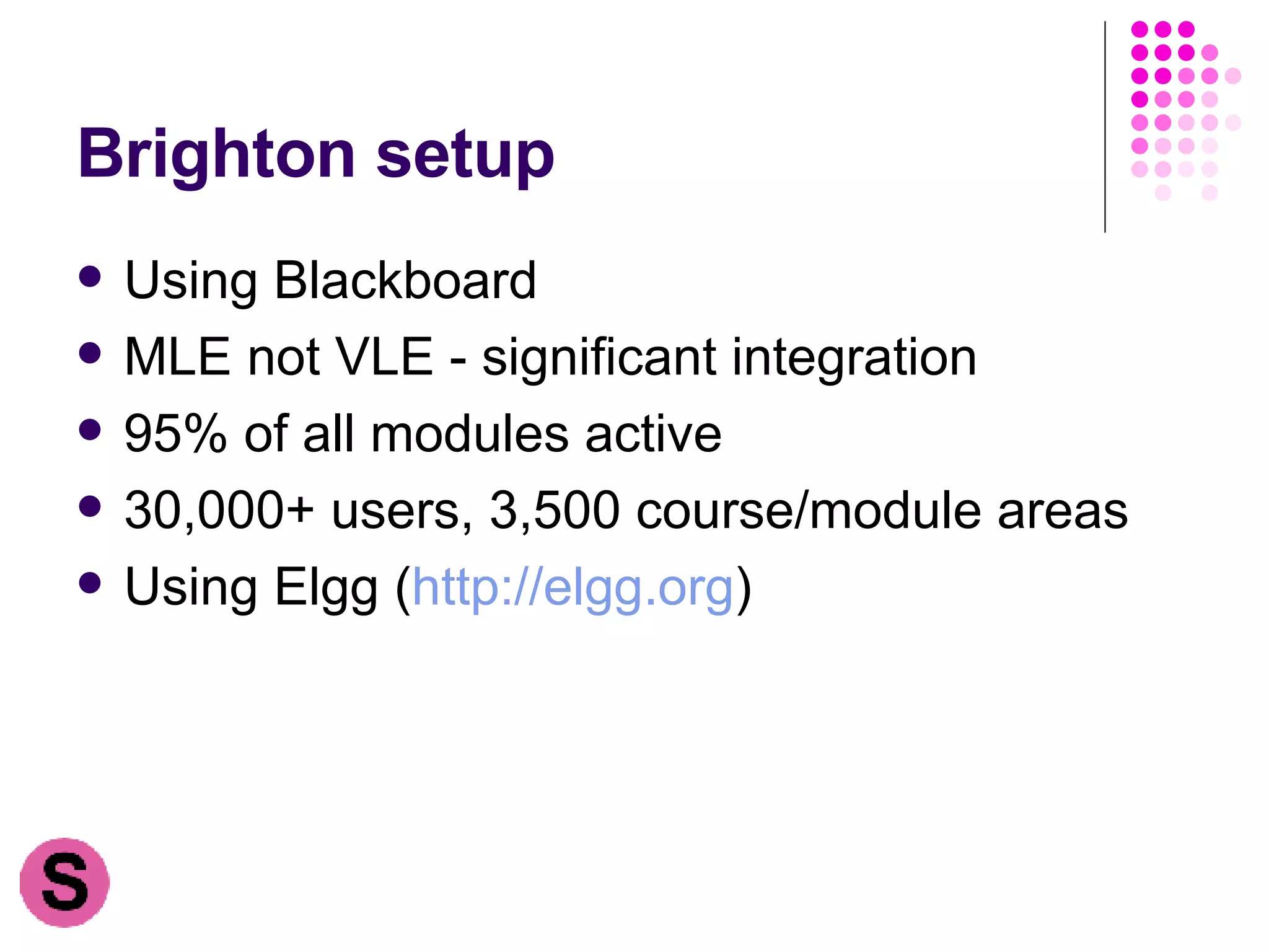 Elgg at the University of Brighton -- Stanier | PPT