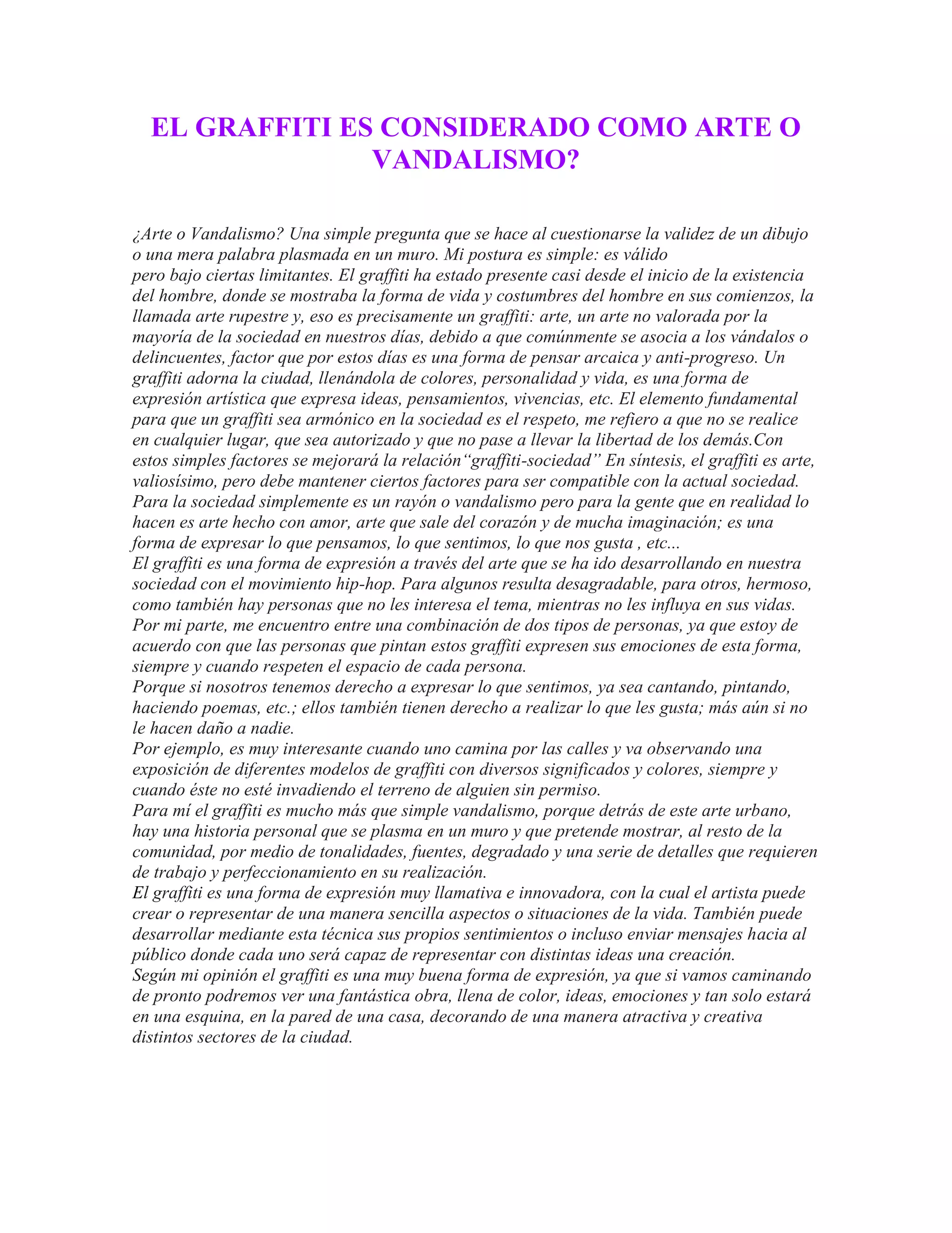 El graffiti es considerado como arte o vandalismo | PDF