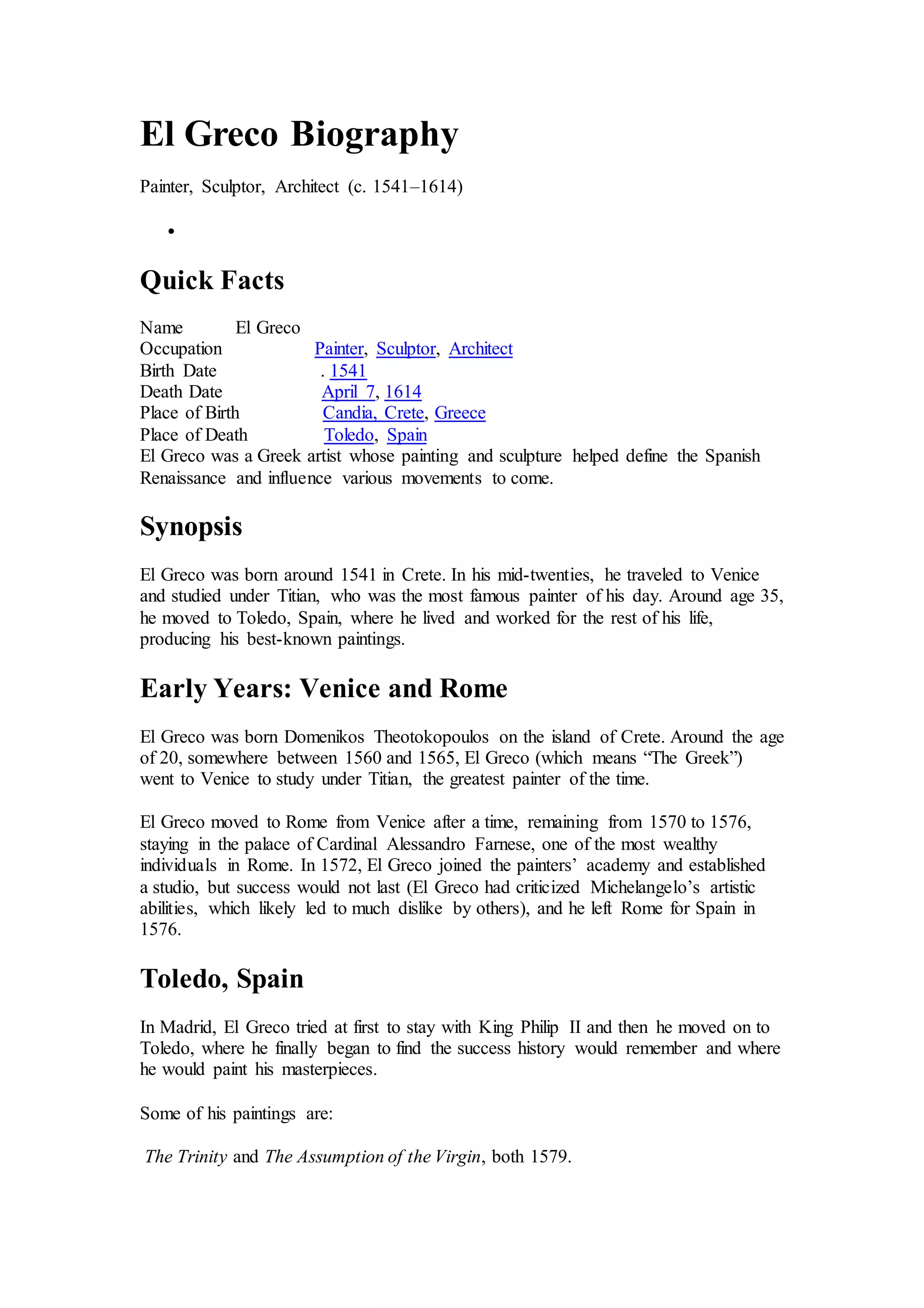 El Greco - Biography | DOCX | Christianity | Religion & Spirituality