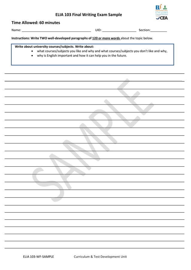 ELIA 103 Final Writing Exam Sample.pdf | Educational Assessment | Education