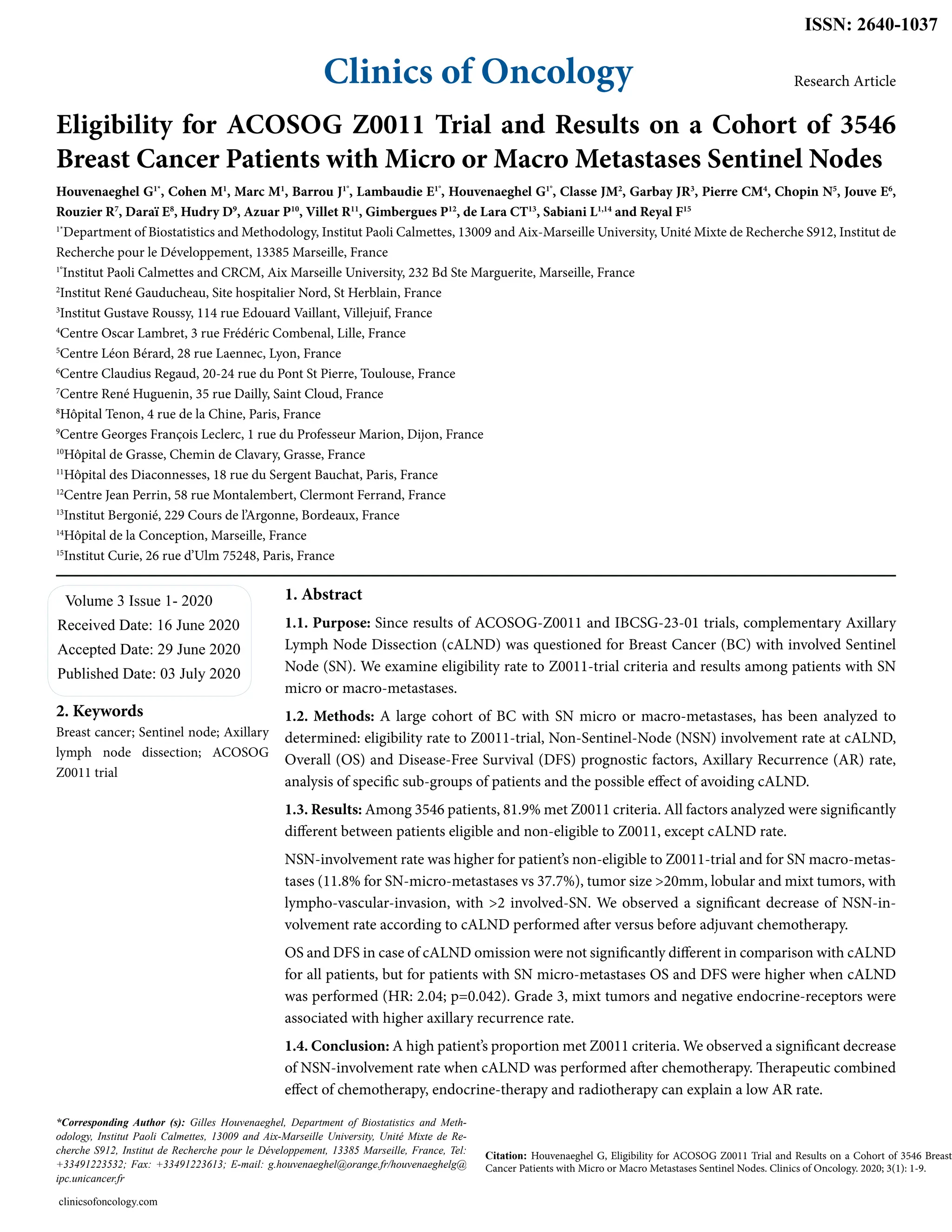 Eligibility for ACOSOG Z0011 Trial and Results on a Cohort of 3546 ...
