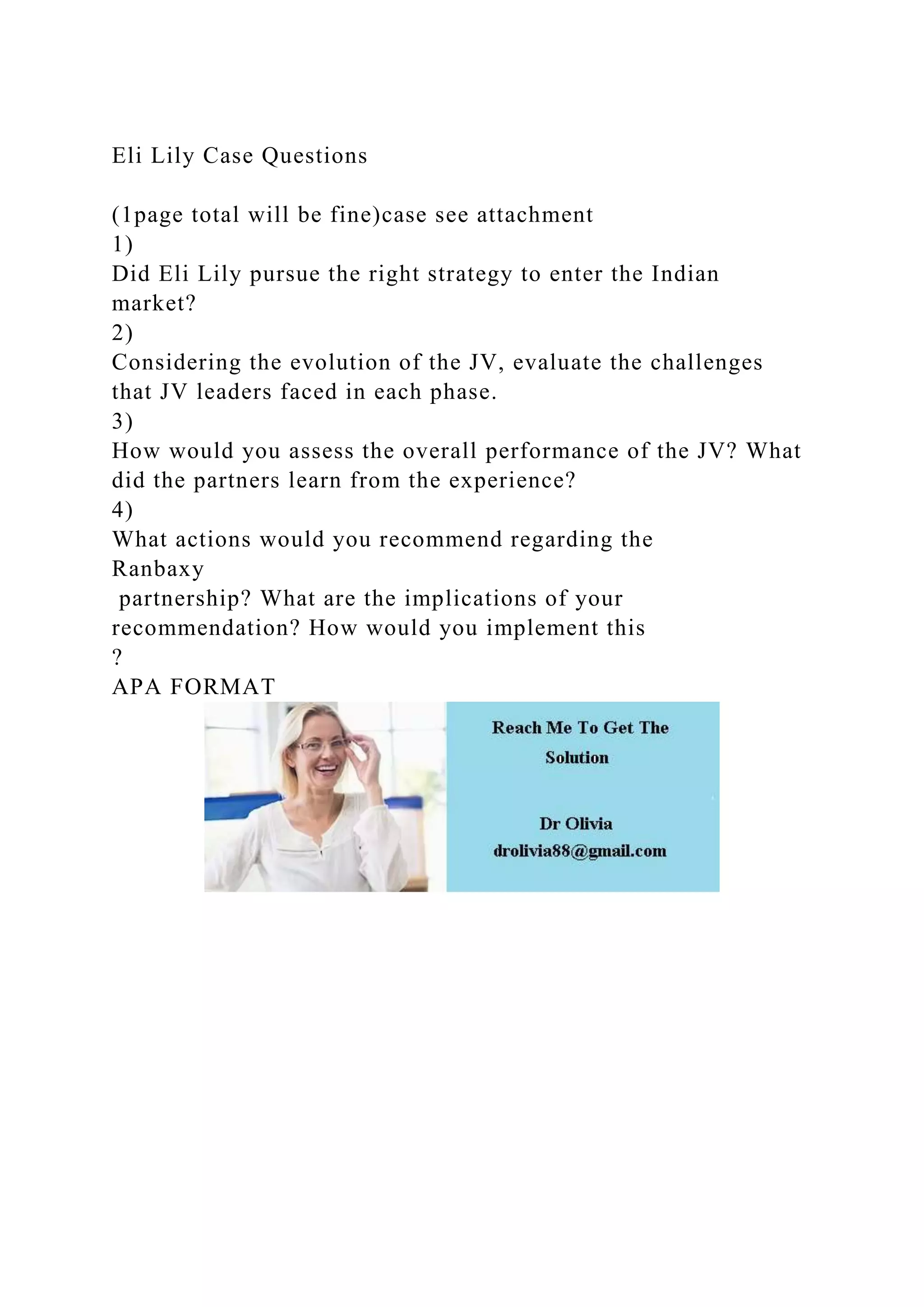 Eli Lily Case Questions(1page total will be fine)case see attach.docx