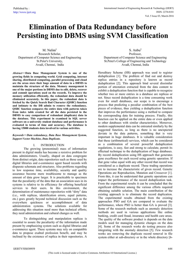 Elimination of data redundancy before persisting into dbms using svm classification | PDF ...