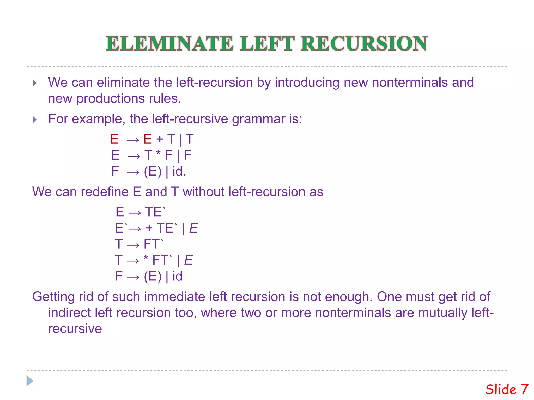 Elimination of left recursion | PPTX | Programming Languages | Computing