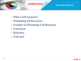 Elimination of left recursion | PPTX | Programming Languages | Computing