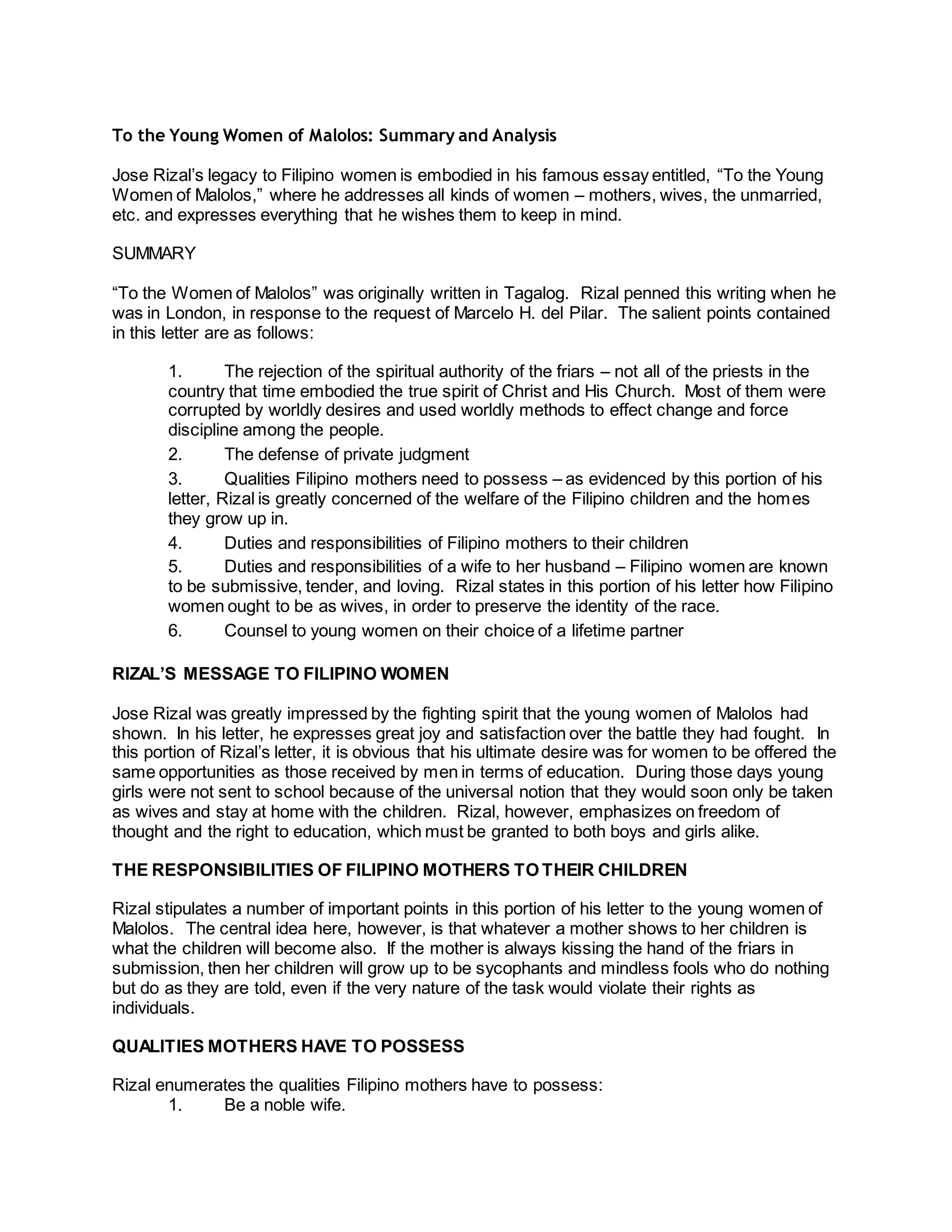 To the Young Women of Malolos: Summary and Analysis | DOCX