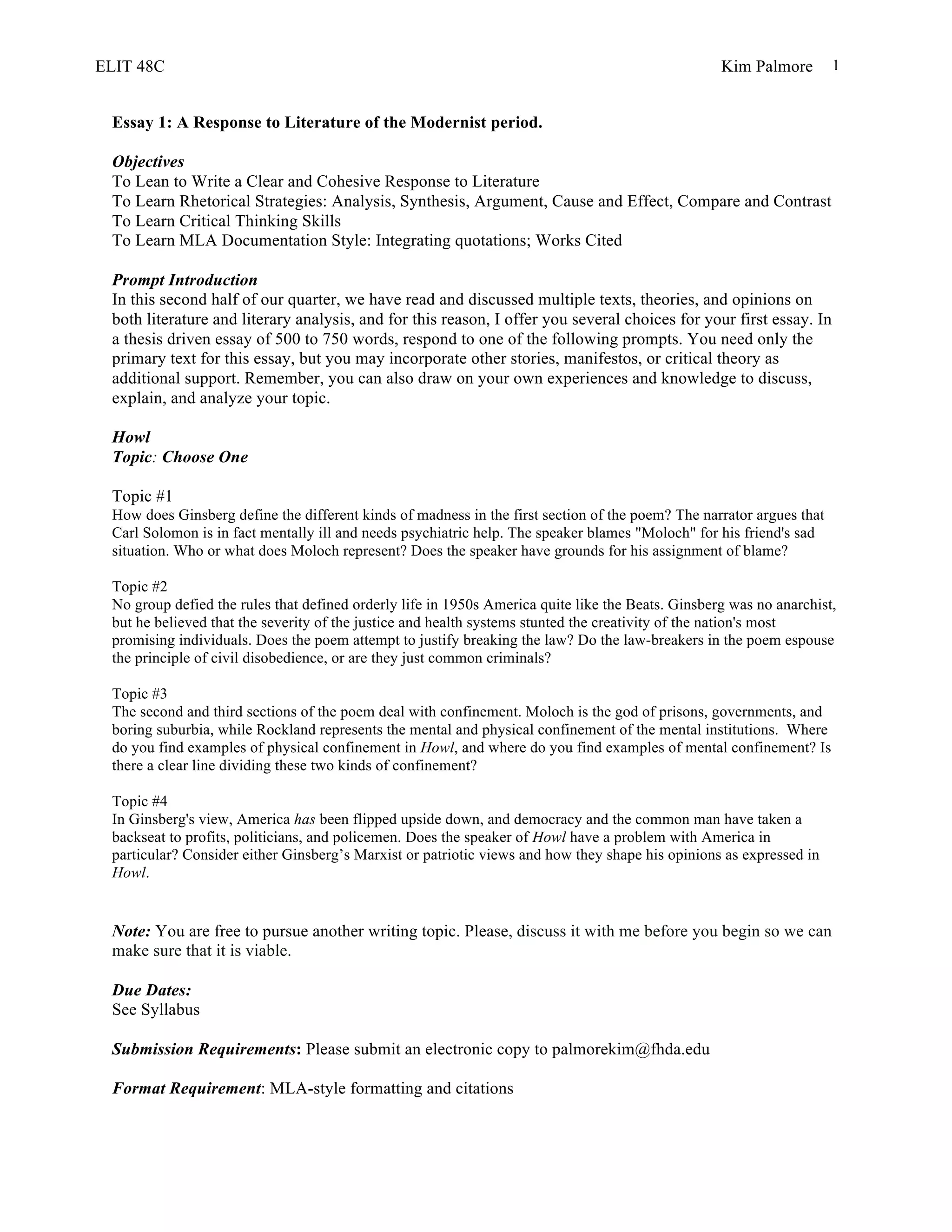 Elit 48 c essay #2 howl | PDF