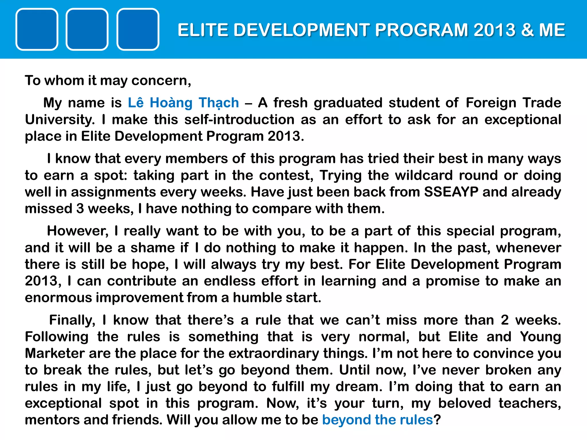 Elite Development Program_Self-Introduction_LeHoangThach | PPTX