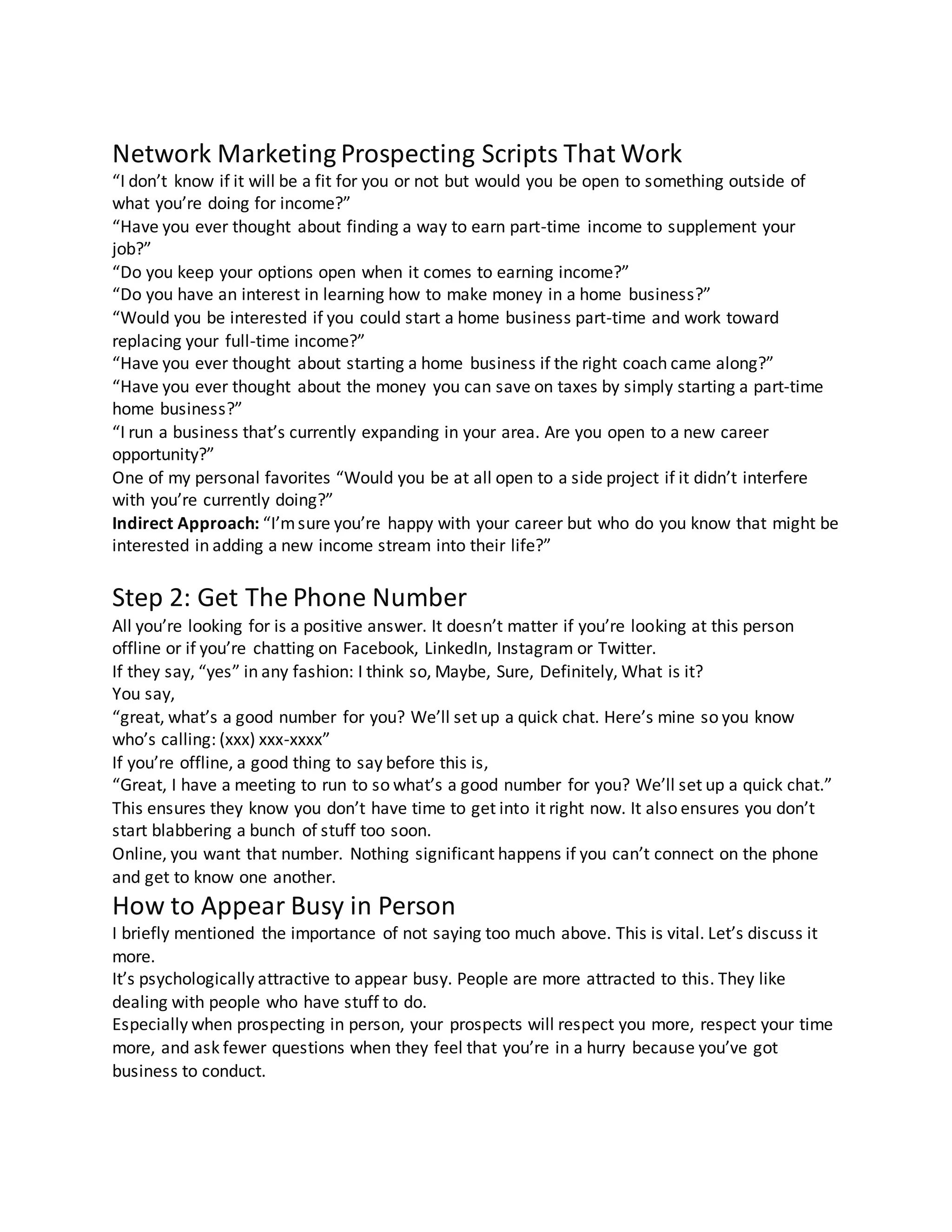 Network Marketing Prospecting Scripts | DOCX
