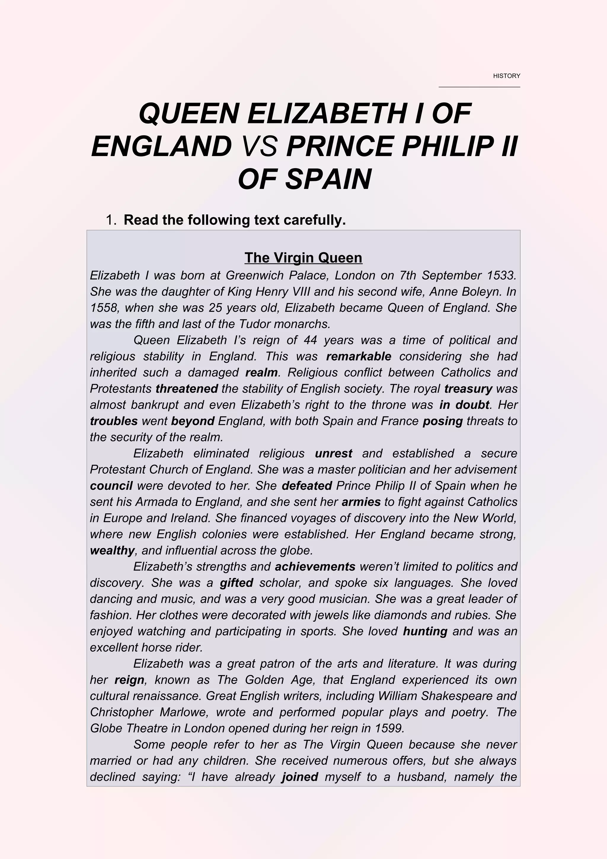 Queen Elizabeth I VS Philip II Spain | PDF