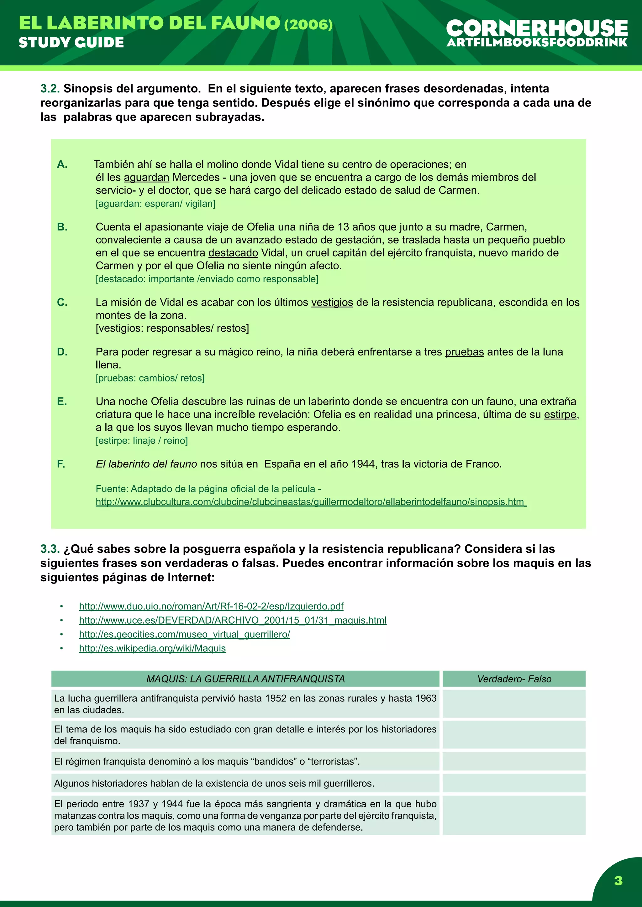 El laberinto del fauno Guía de estudio para la clase de español | PDF