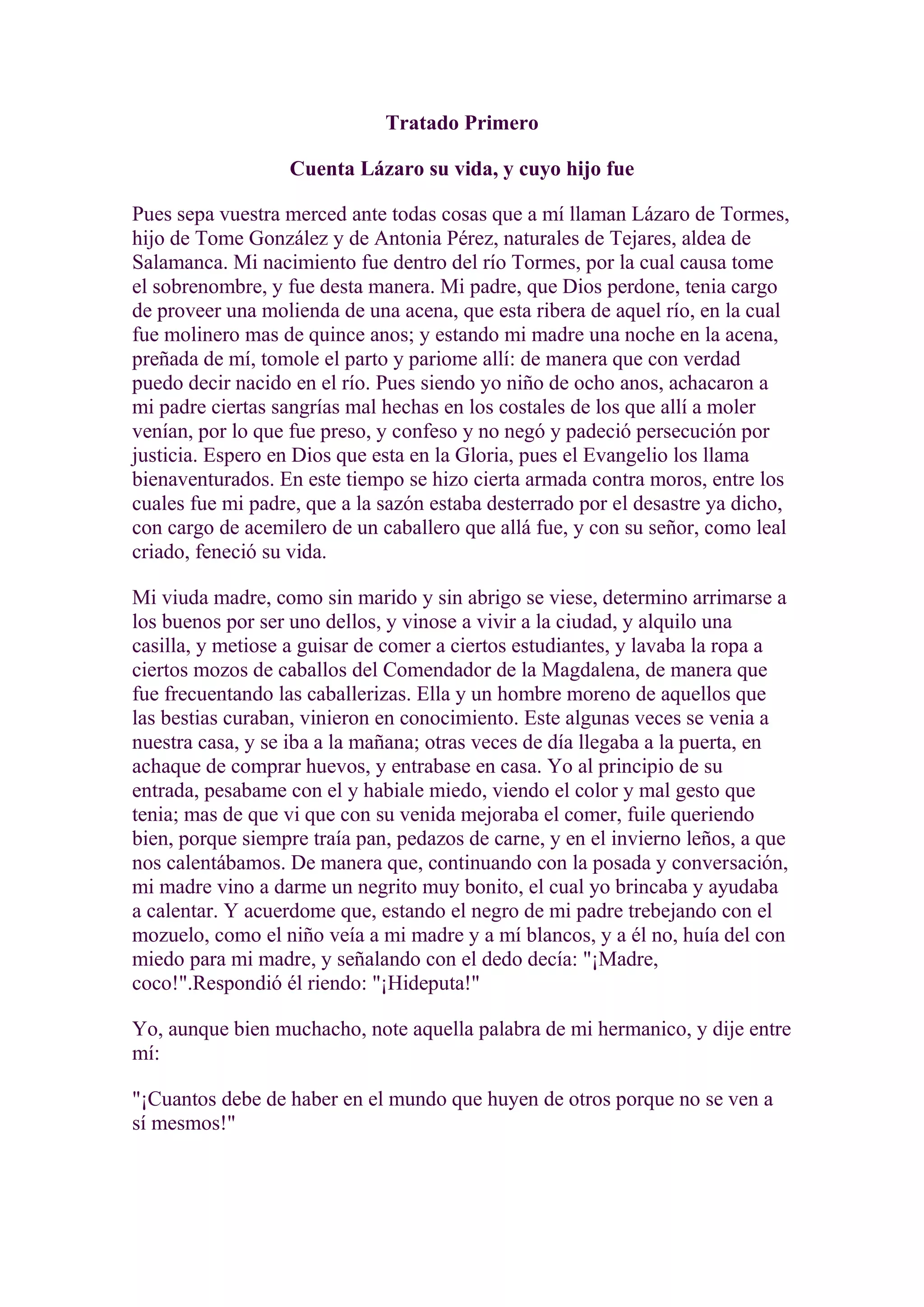 El lazarillo de tormes tratado primero | DOCX