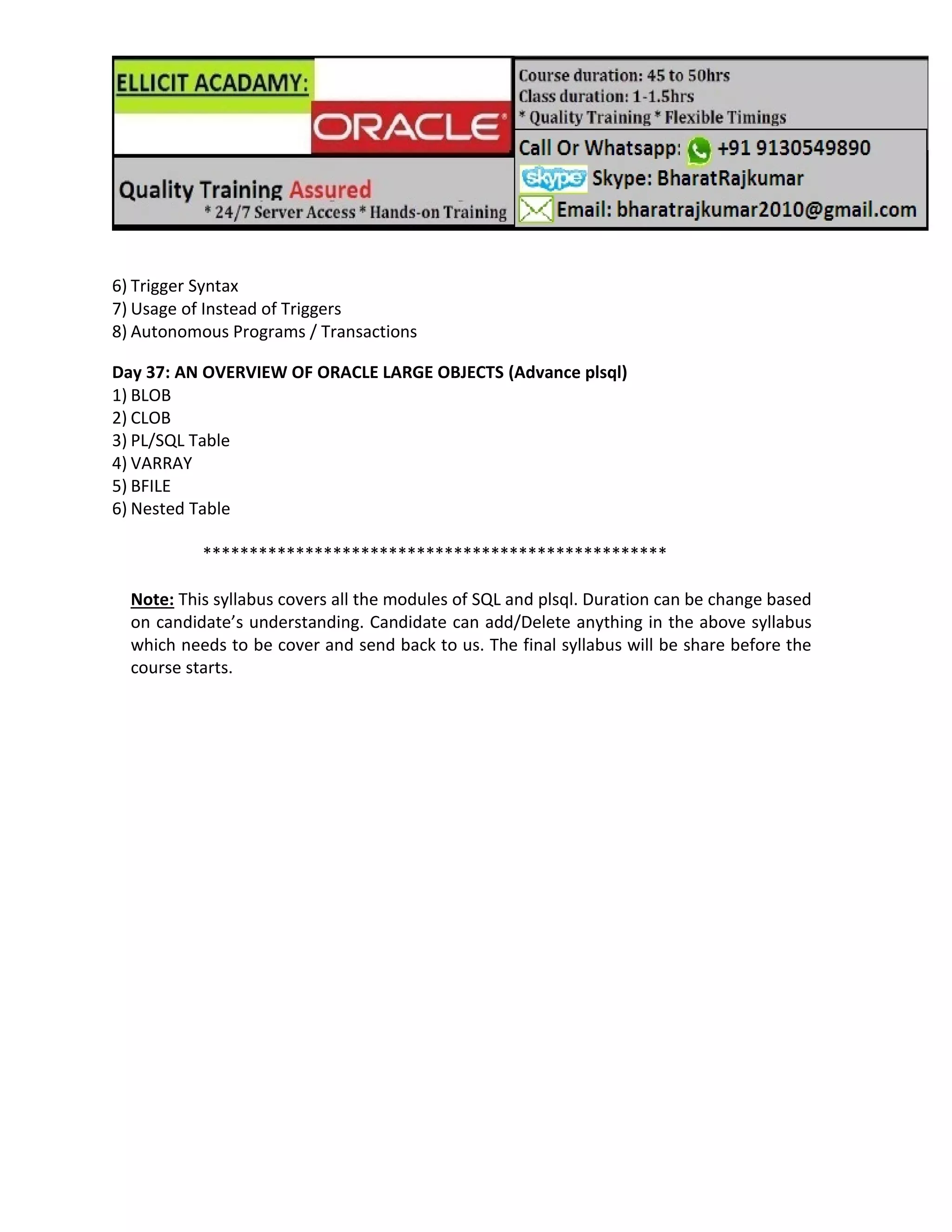 Ellicit plsql syllabus | PDF