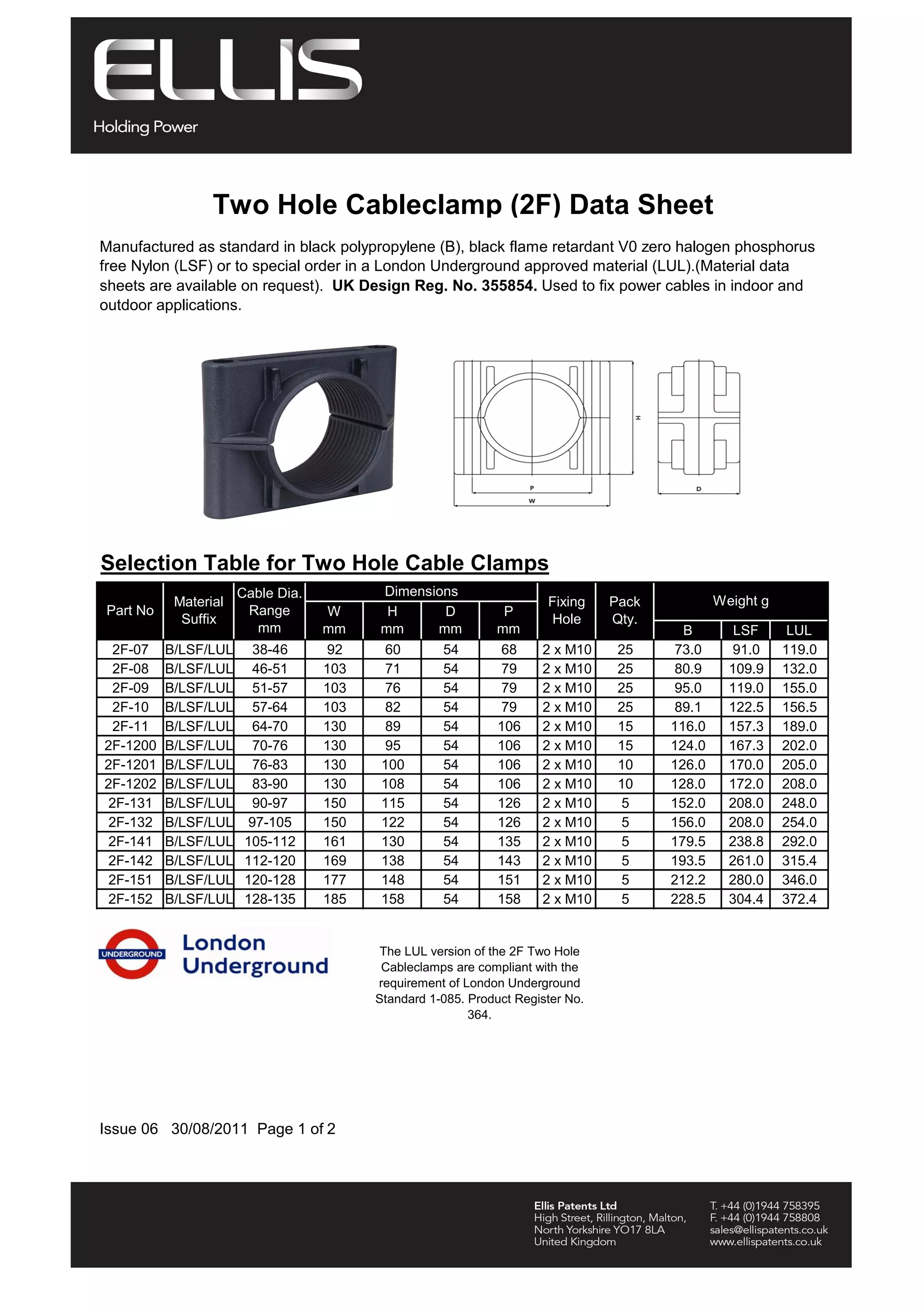 Ellis Patents 2F-07 2 Hole Cable Clamp Cleat 38-46mm | PDF