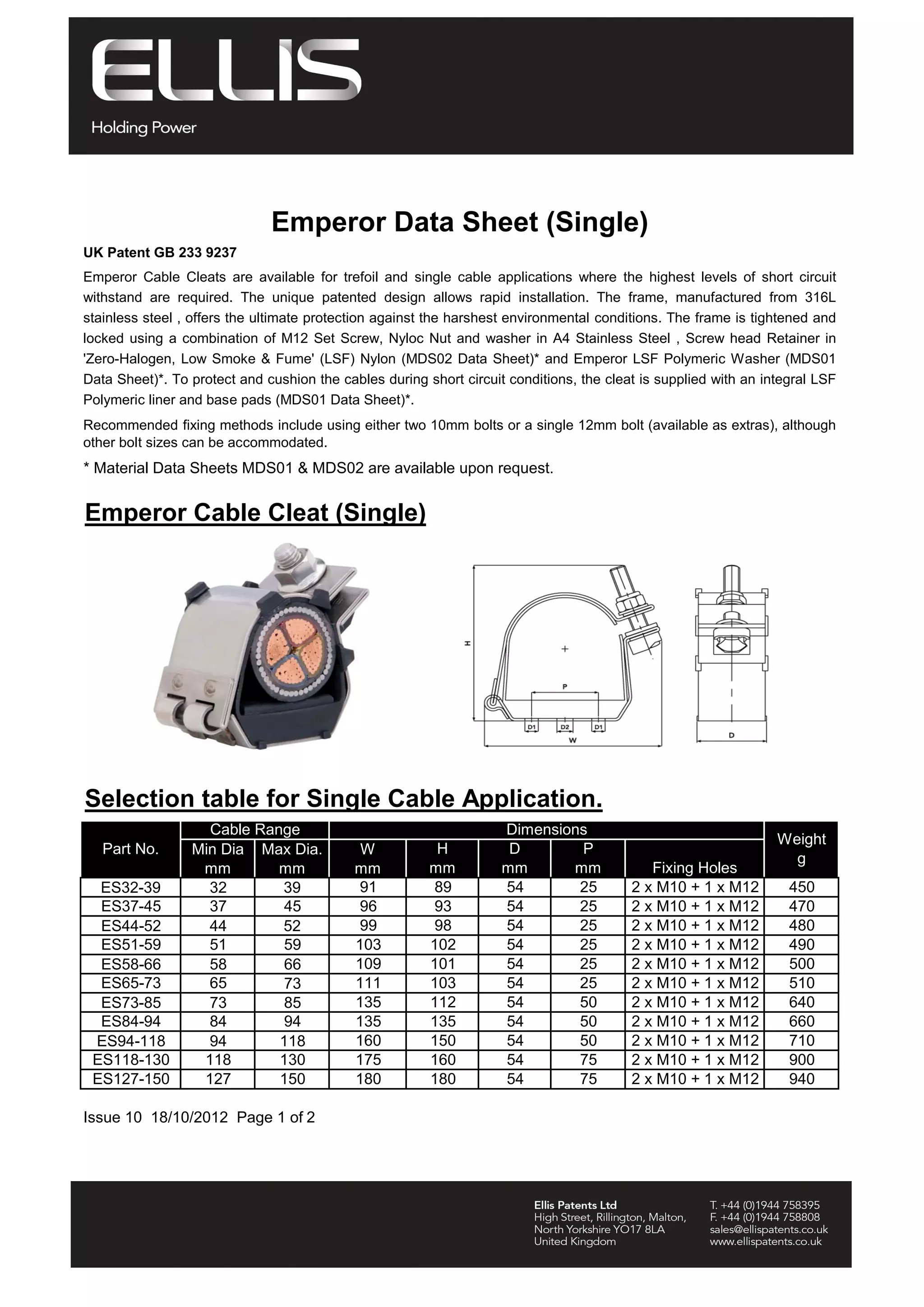 Ellis Patents Emperor Stainless Steel Single Cable Cleats - Spec Sheet ...