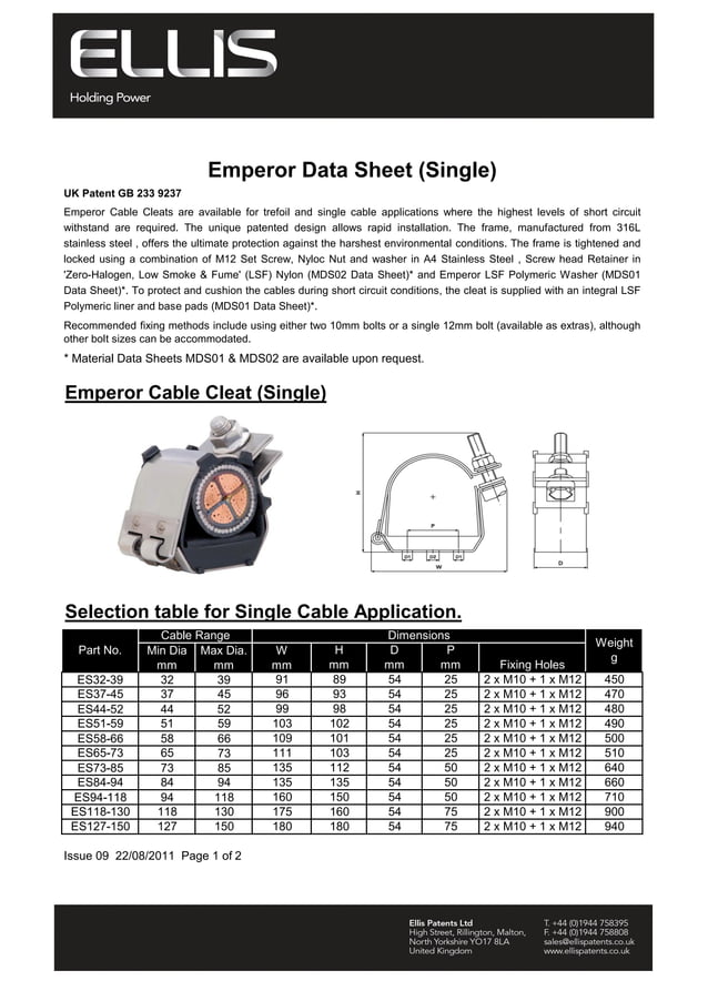 Ellis Patents Emperor Cable Cleat Stainless Steel - ES65-73 | PDF