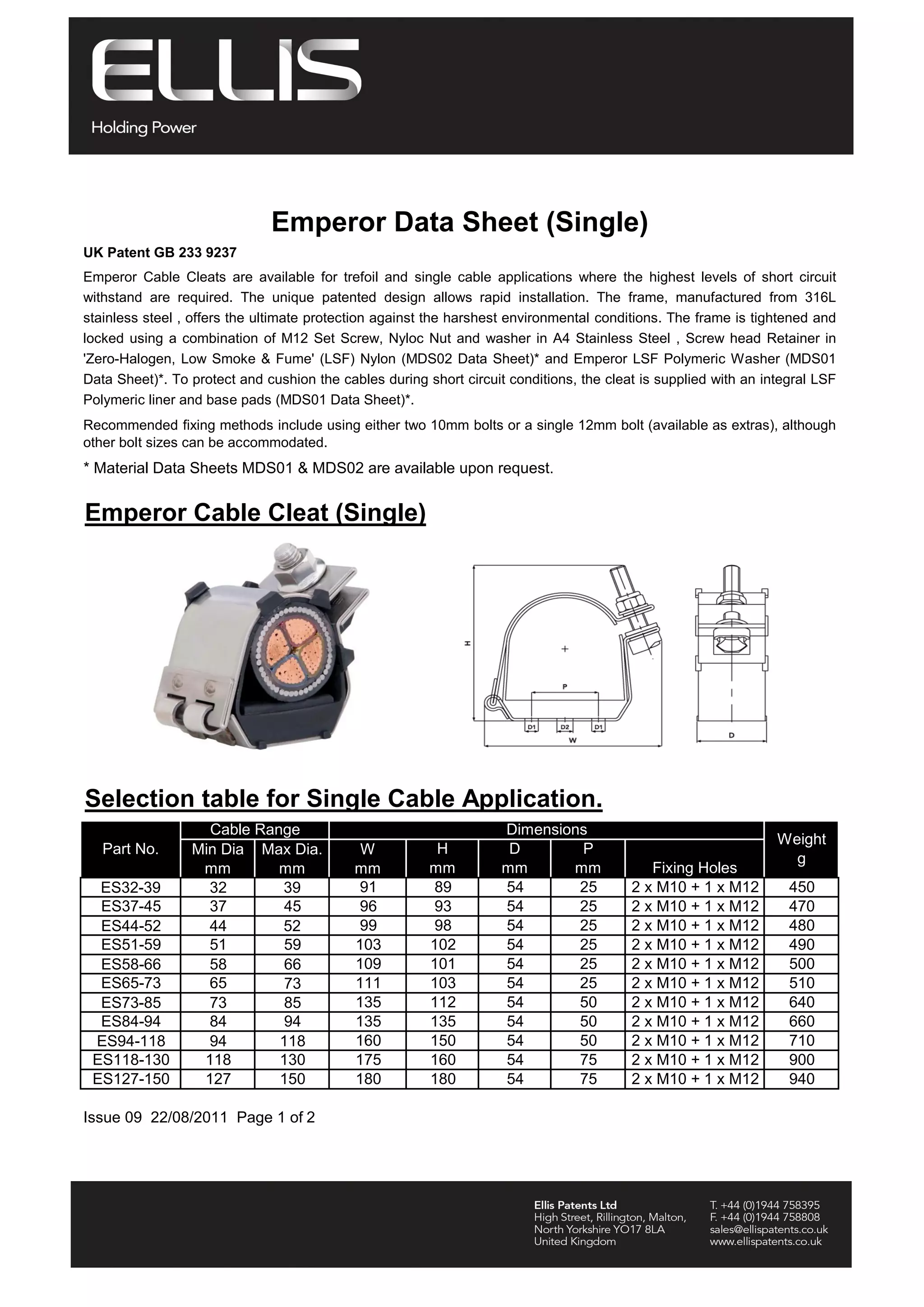 Ellis Patents Emperor Cable Cleat Stainless Steel - ES73-85 | PDF
