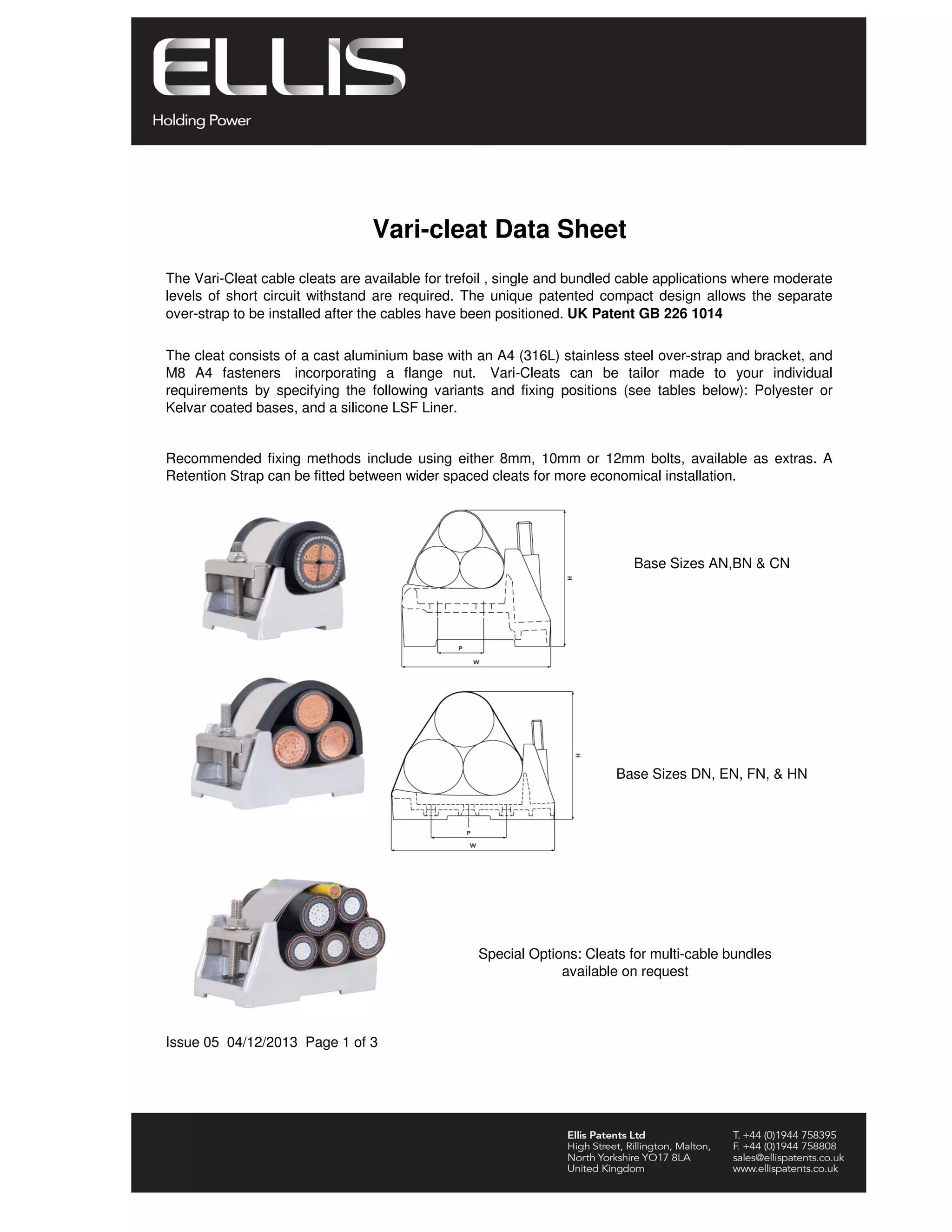 Ellis Patents Vari-Cleat Stainless Steel Cable Cleats Data Sheet | PDF