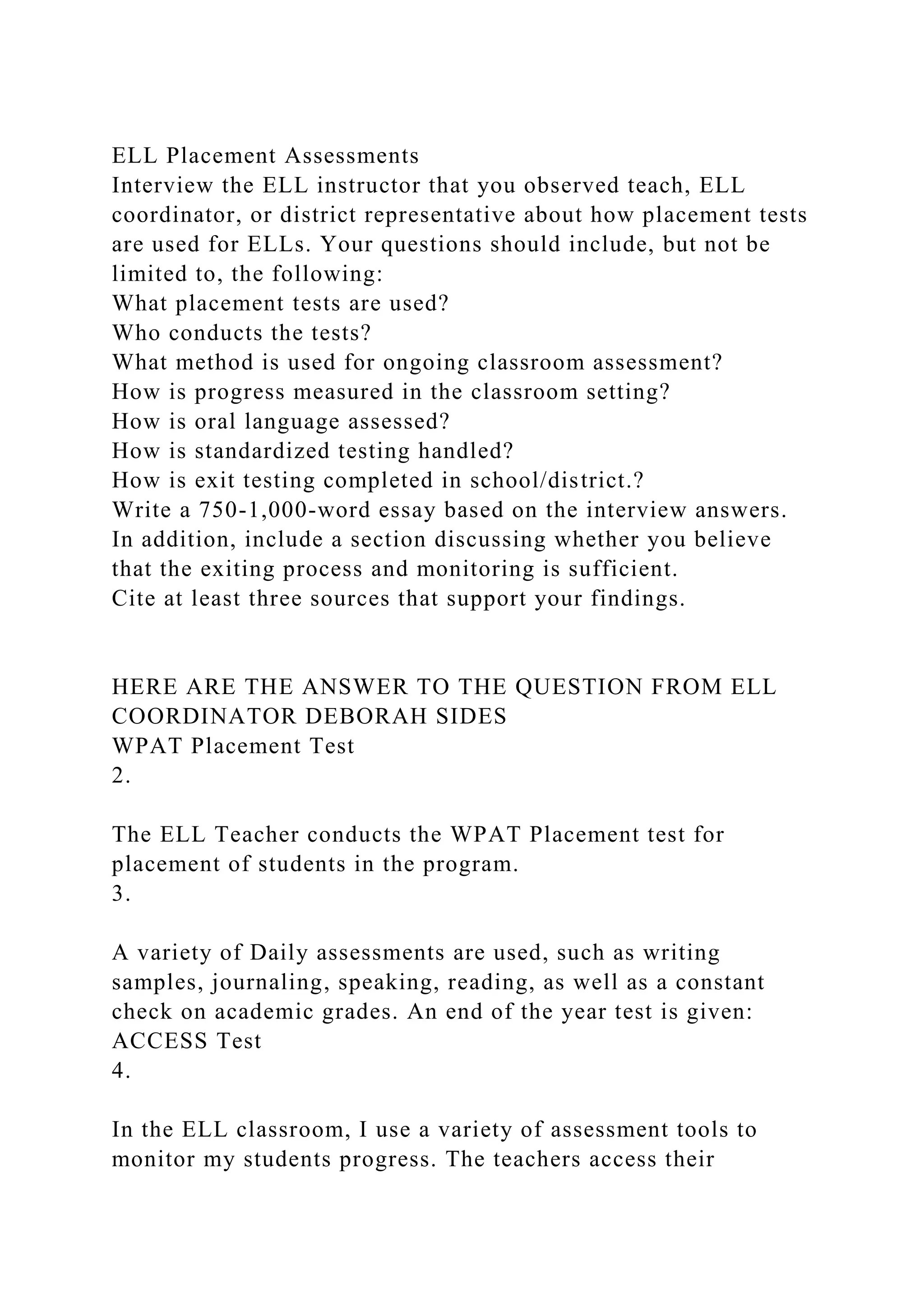 ELL Placement Assessments Interview the ELL instructor that you ob.docx