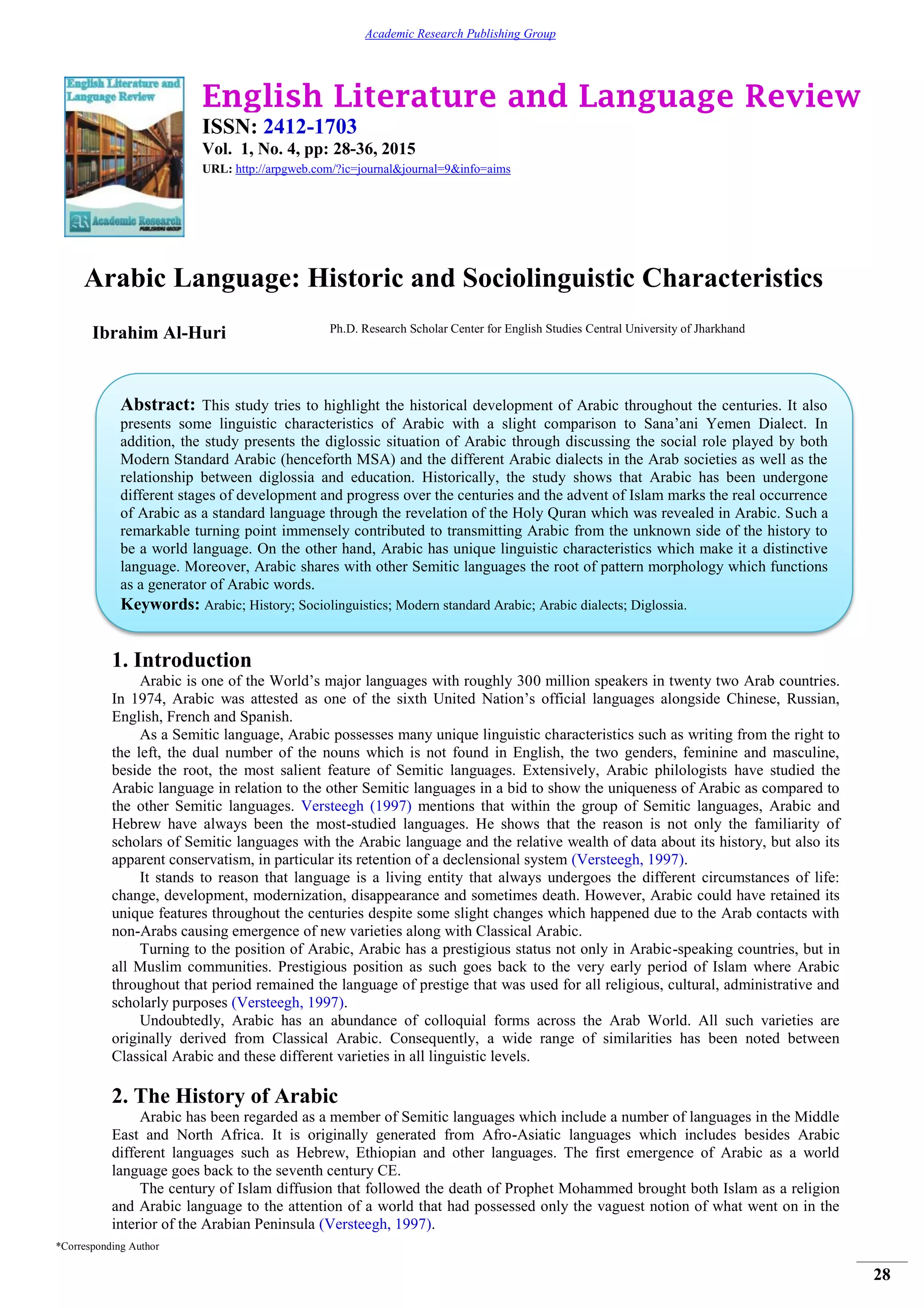 Arabic Language: Historic and Sociolinguistic Characteristics | PDF