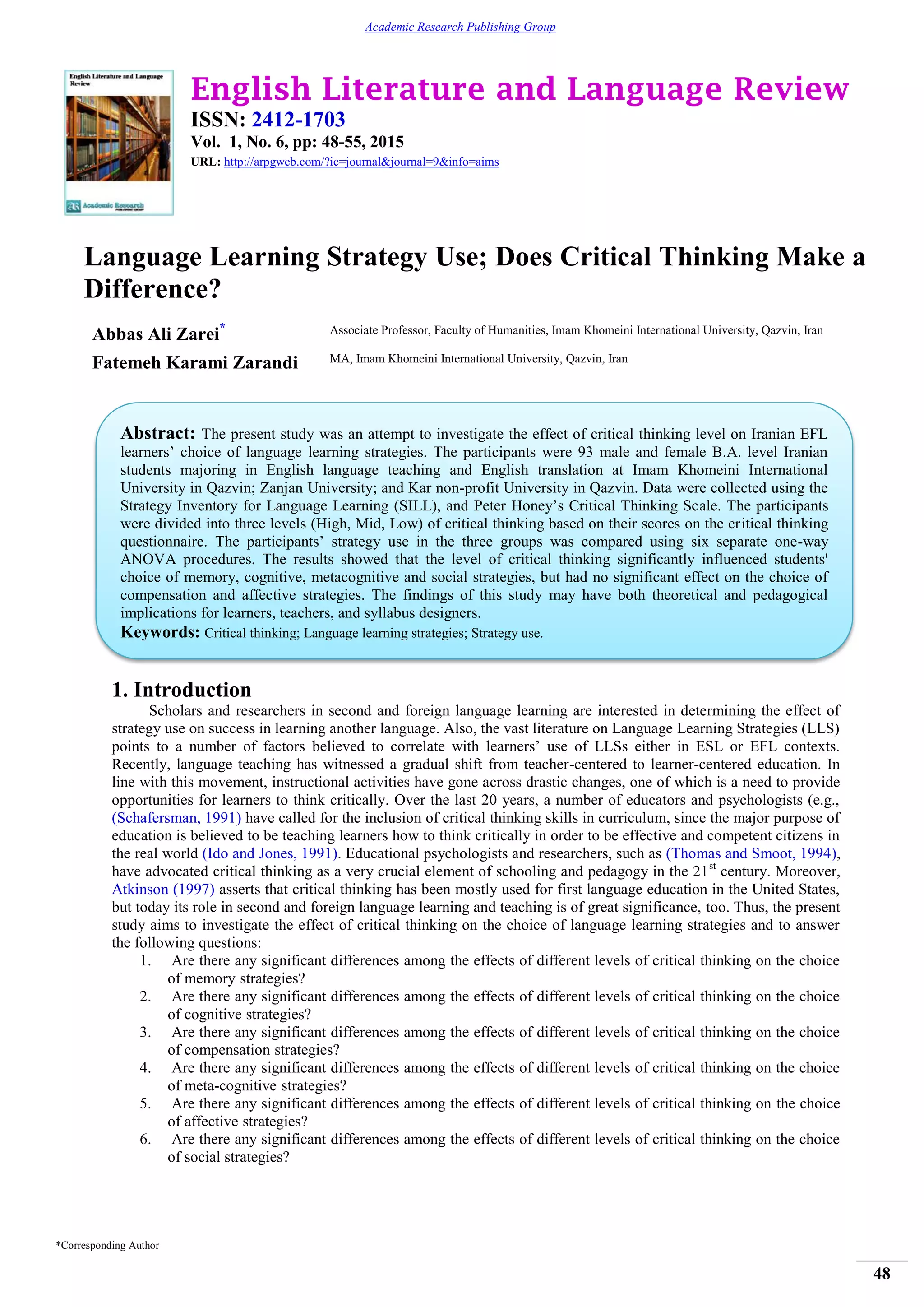 Language Learning Strategy Use; Does Critical Thinking Make a ...