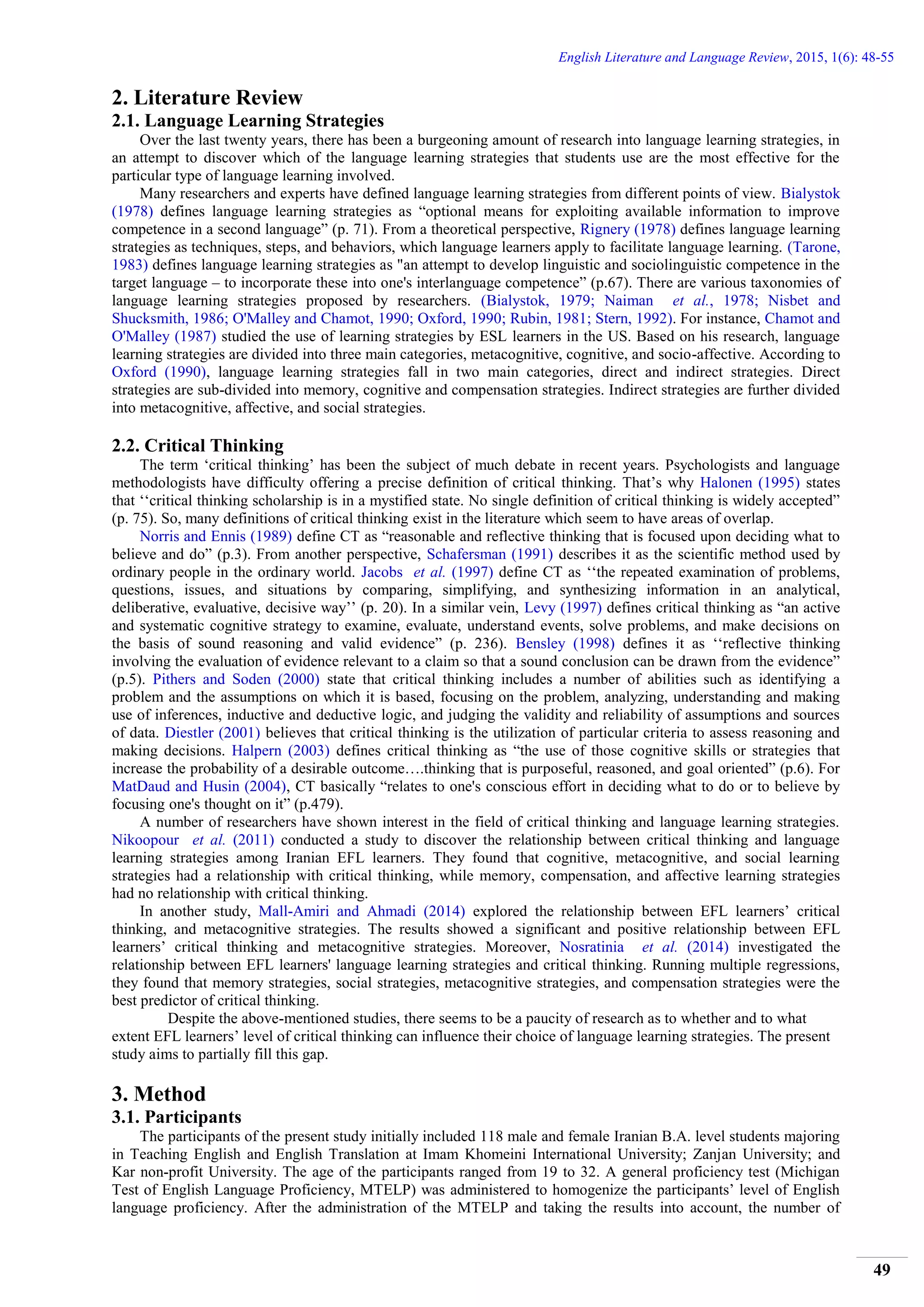 Language Learning Strategy Use; Does Critical Thinking Make a Difference? | PDF | Education