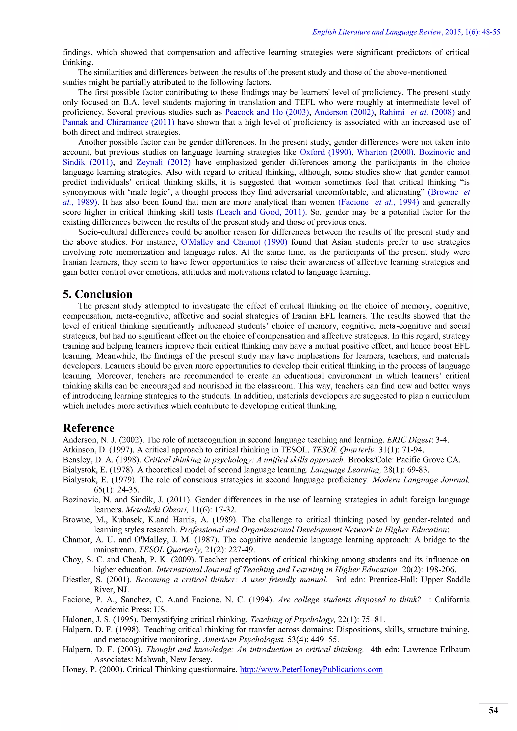 Language Learning Strategy Use; Does Critical Thinking Make a Difference? | PDF | Education