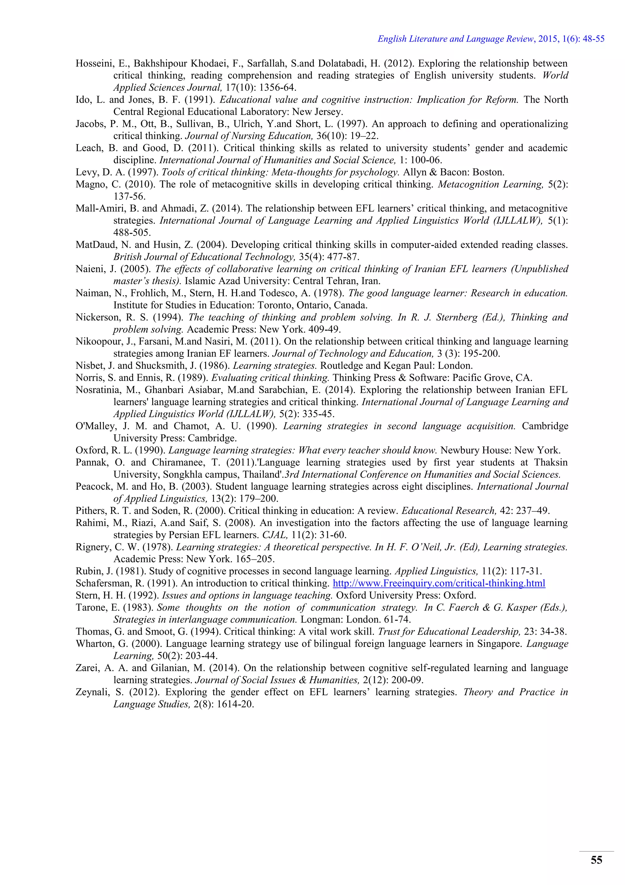 Language Learning Strategy Use; Does Critical Thinking Make a Difference? | PDF | Education