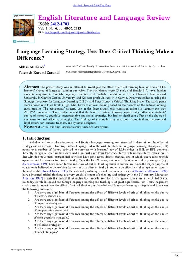 Language Learning Strategy Use; Does Critical Thinking Make a Difference? | PDF | Education