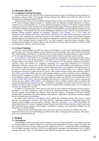 Language Learning Strategy Use; Does Critical Thinking Make a Difference? | PDF | Education