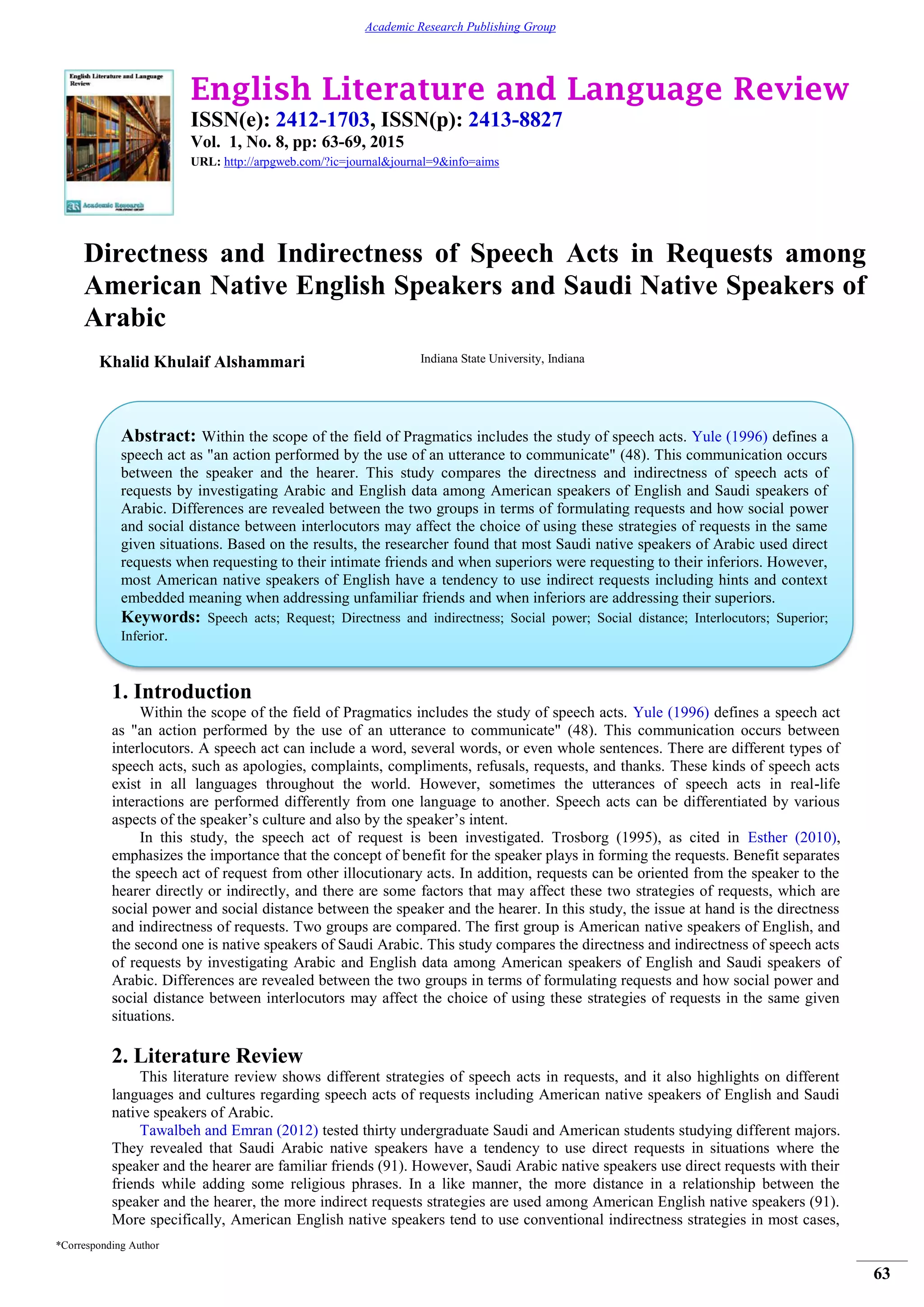 Directness and Indirectness of Speech Acts in Requests among American ...