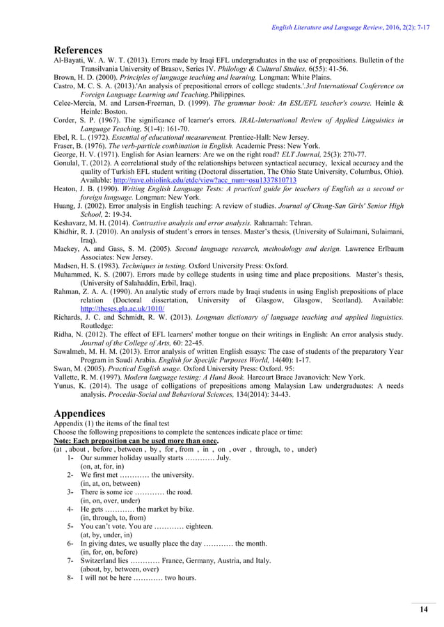 Kurdish EFL Learners? Errors of Preposition across Levels of Proficiency: A Study of Types of ...