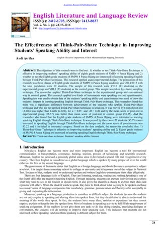 The Effectiveness of Think-Pair-Share Technique in Improving Students? Speaking Ability and ...