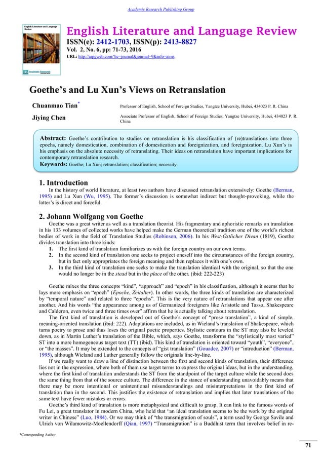 Goethe?s and Lu Xun?s Views on Retranslation | PDF