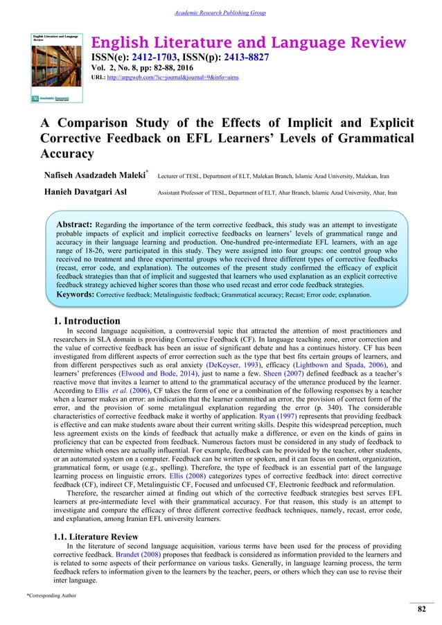 A Comparison Study of the Effects of Implicit and Explicit Corrective Feedback on EFL Learners ...